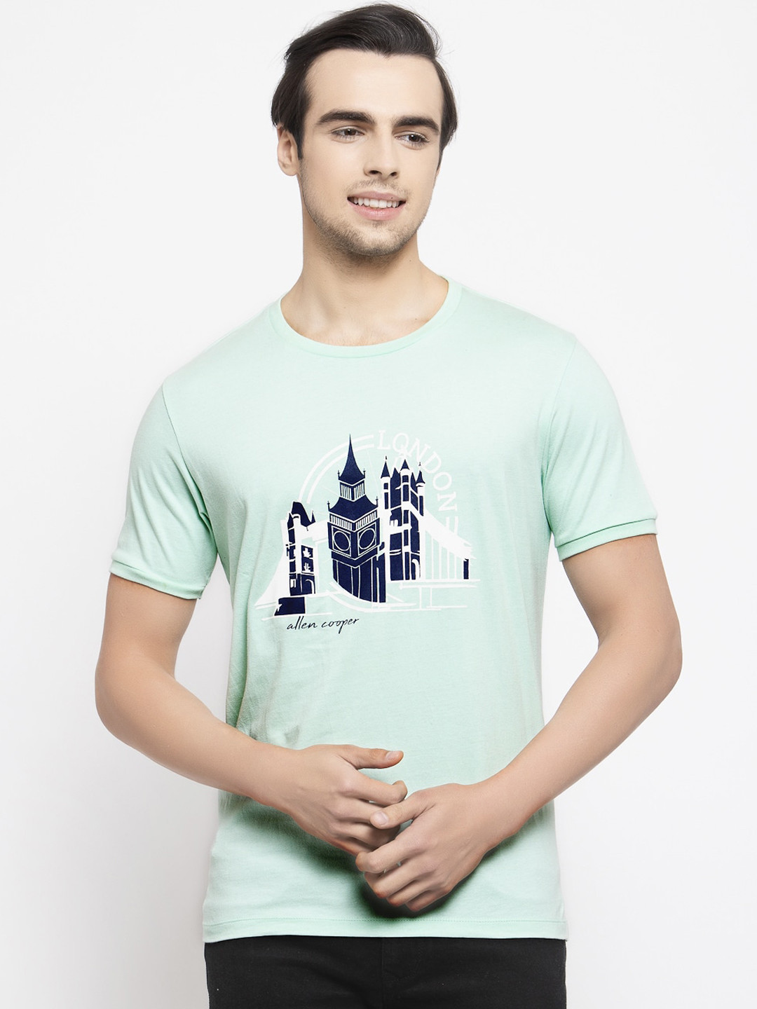 Buy Allen Cooper Men Sea Green Slim Fit Printed Round Neck T Shirt ...