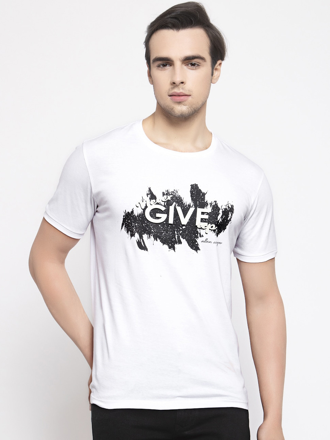 Buy Allen Cooper Men White Slim Fit Printed Round Neck T Shirt ...