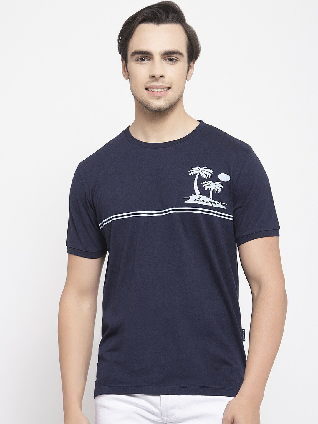 Buy Allen Cooper Men Navy Blue Slim Fit Printed Round Neck T Shirt ...