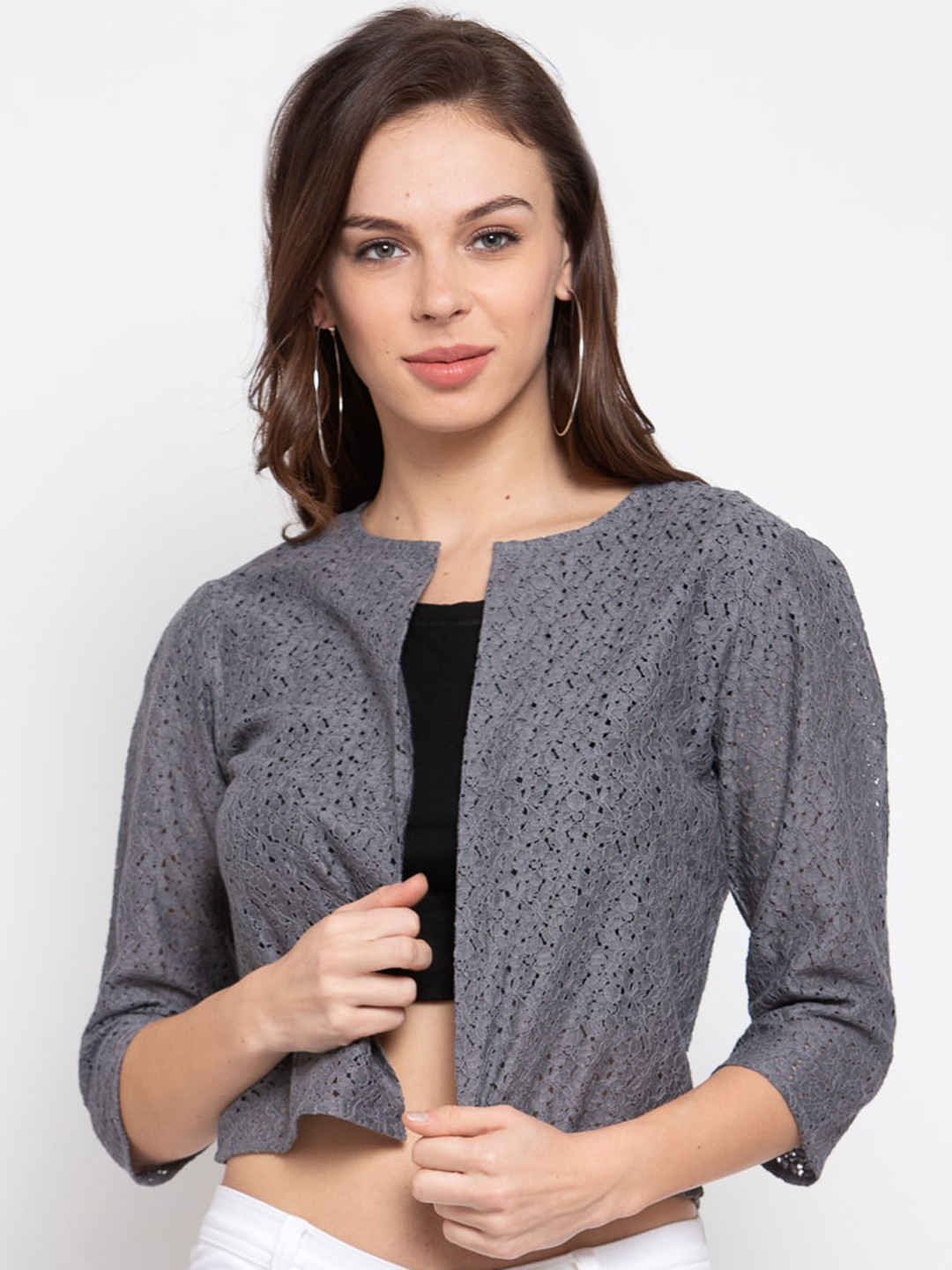 Buy Style Quotient Women Grey Self Design Open Front Shrug - Shrug for ...