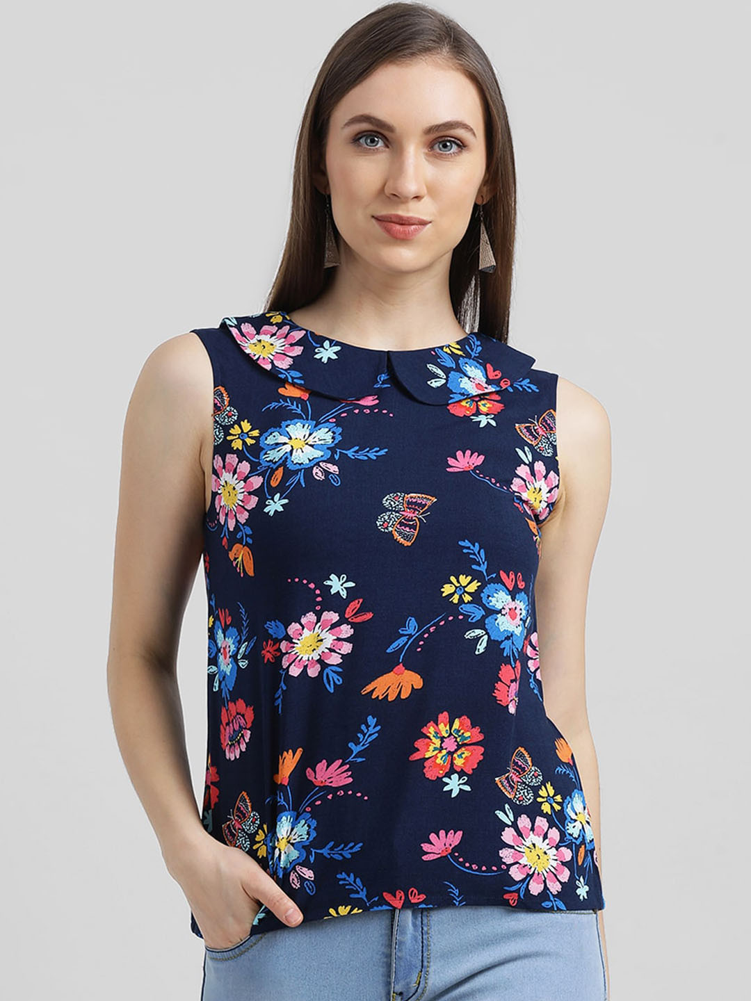 Buy Zink London Women Navy Blue & Pink Floral Printed Regular Top - Tops for Women 13782430 | Myntra