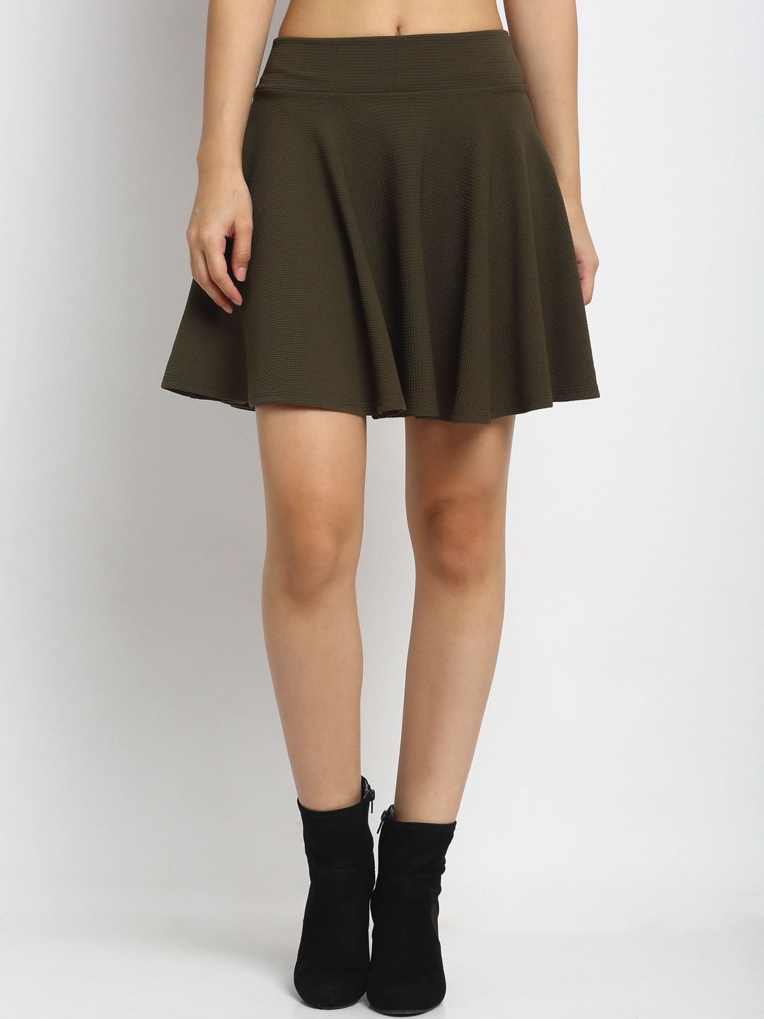 Buy NEUDIS Women Olive Green Self Design Flared Mini Skater Skirt ...