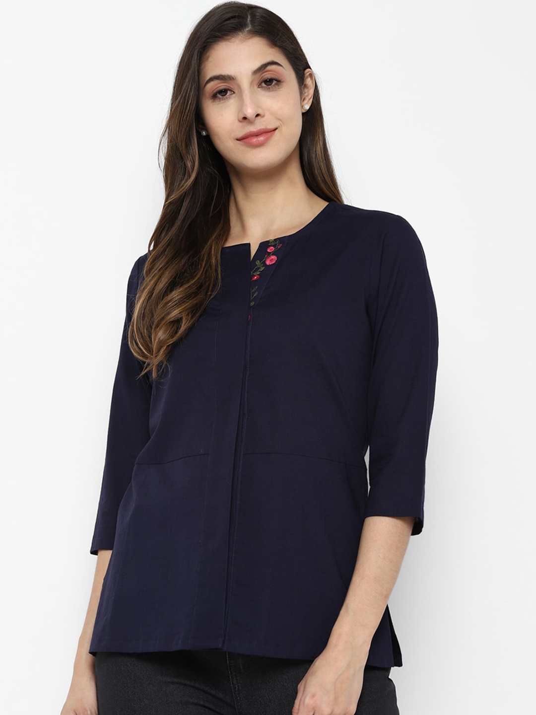 Buy Allen Solly Woman Navy Blue Solid Pure Cotton Regular Top Tops