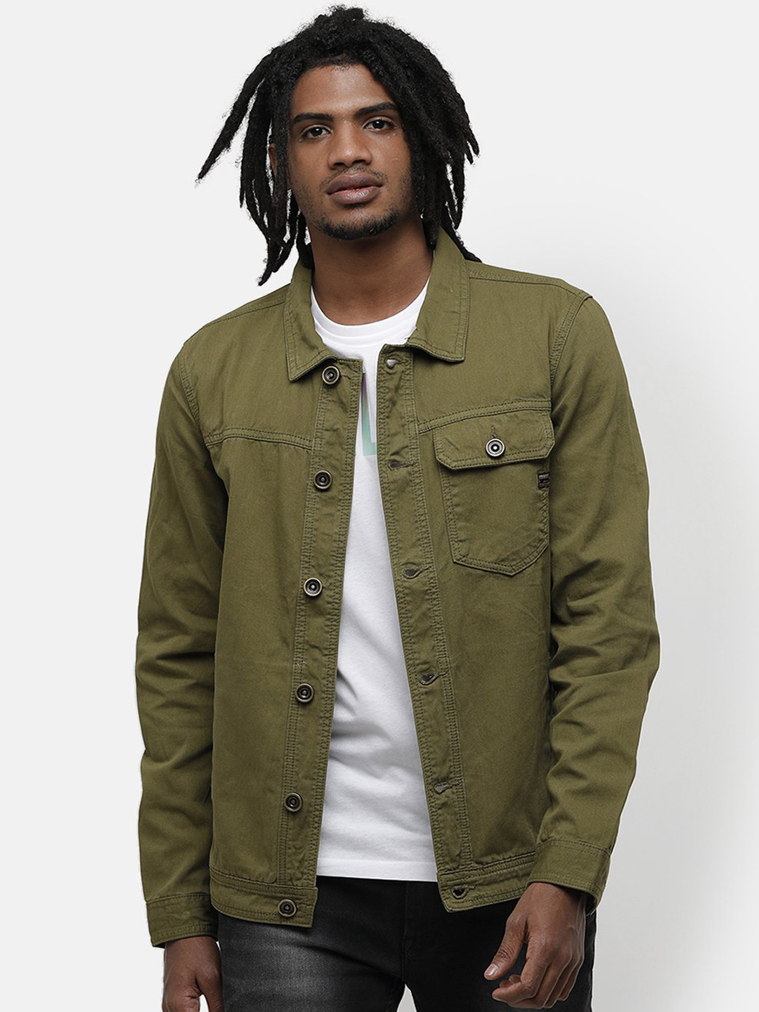 Buy Voi Jeans Men Olive Green Solid Cotton Denim Shacket - Jackets for ...
