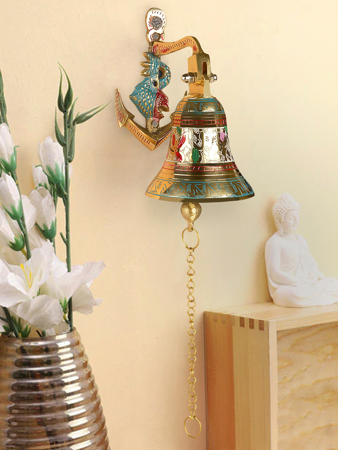 Buy StyleMyWay Gold Toned & Blue Printed Brass Hanging Door Bell ...