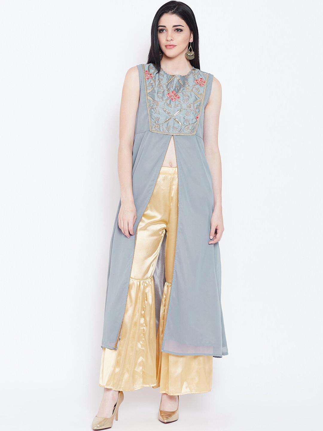 Buy Studio Rasa Women Grey Yoke Design Keyhole Neck Thread Work ...