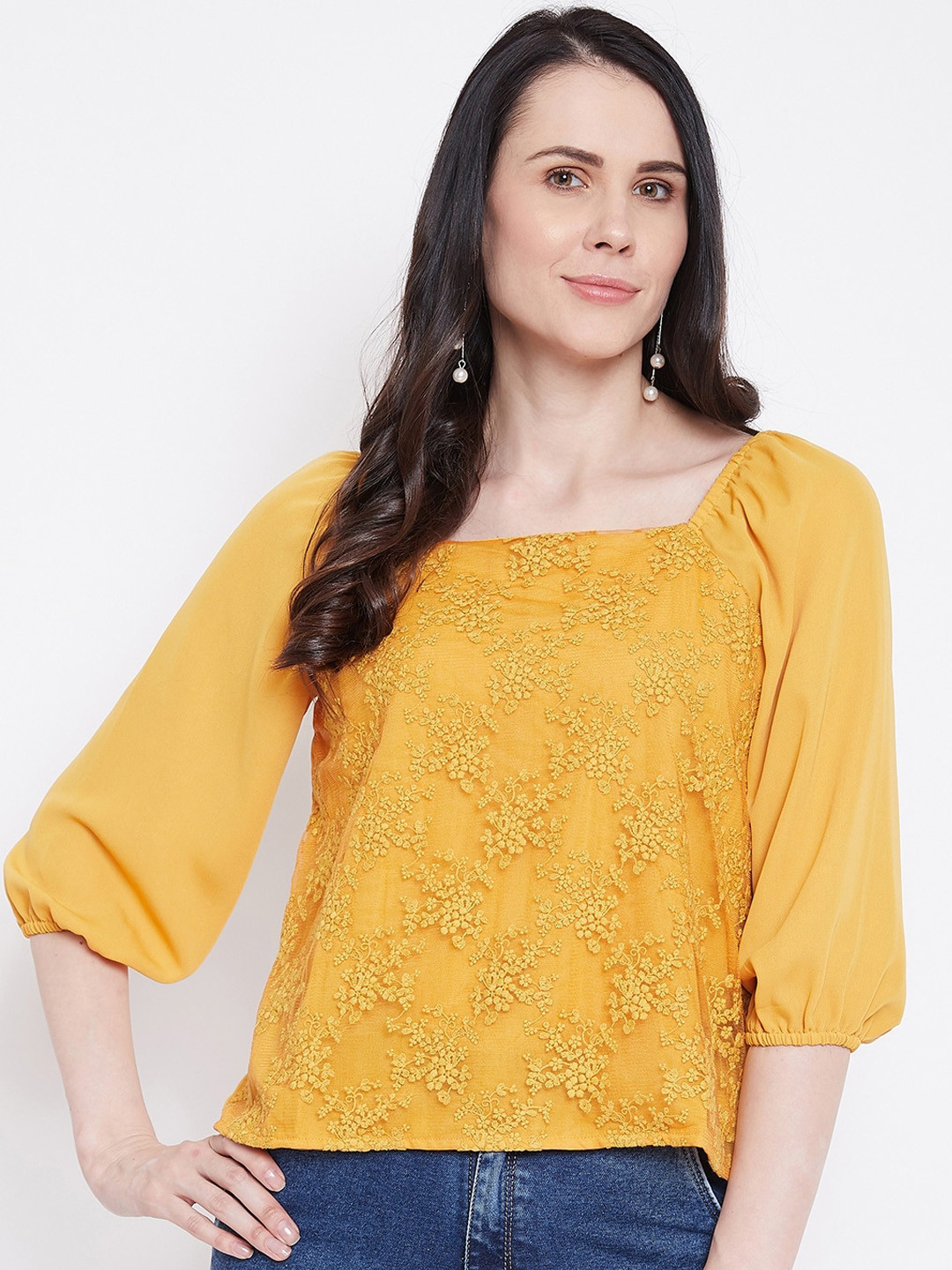 Buy Madame Mustard Yellow Floral Puff Sleeves Regular Top - Tops for ...