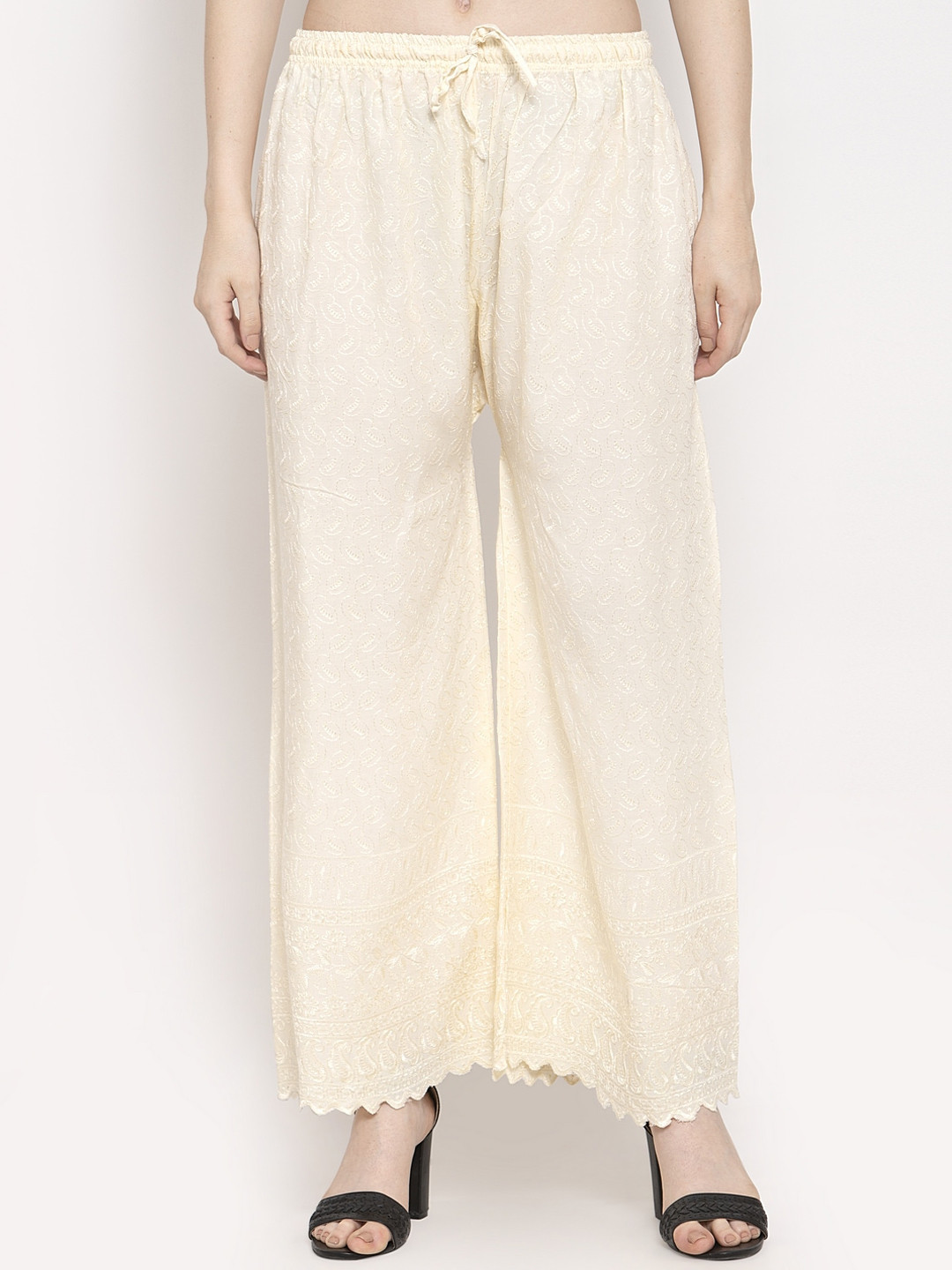 Buy Clora Creation Women Cream Coloured Embroidered Flared Palazzos ...