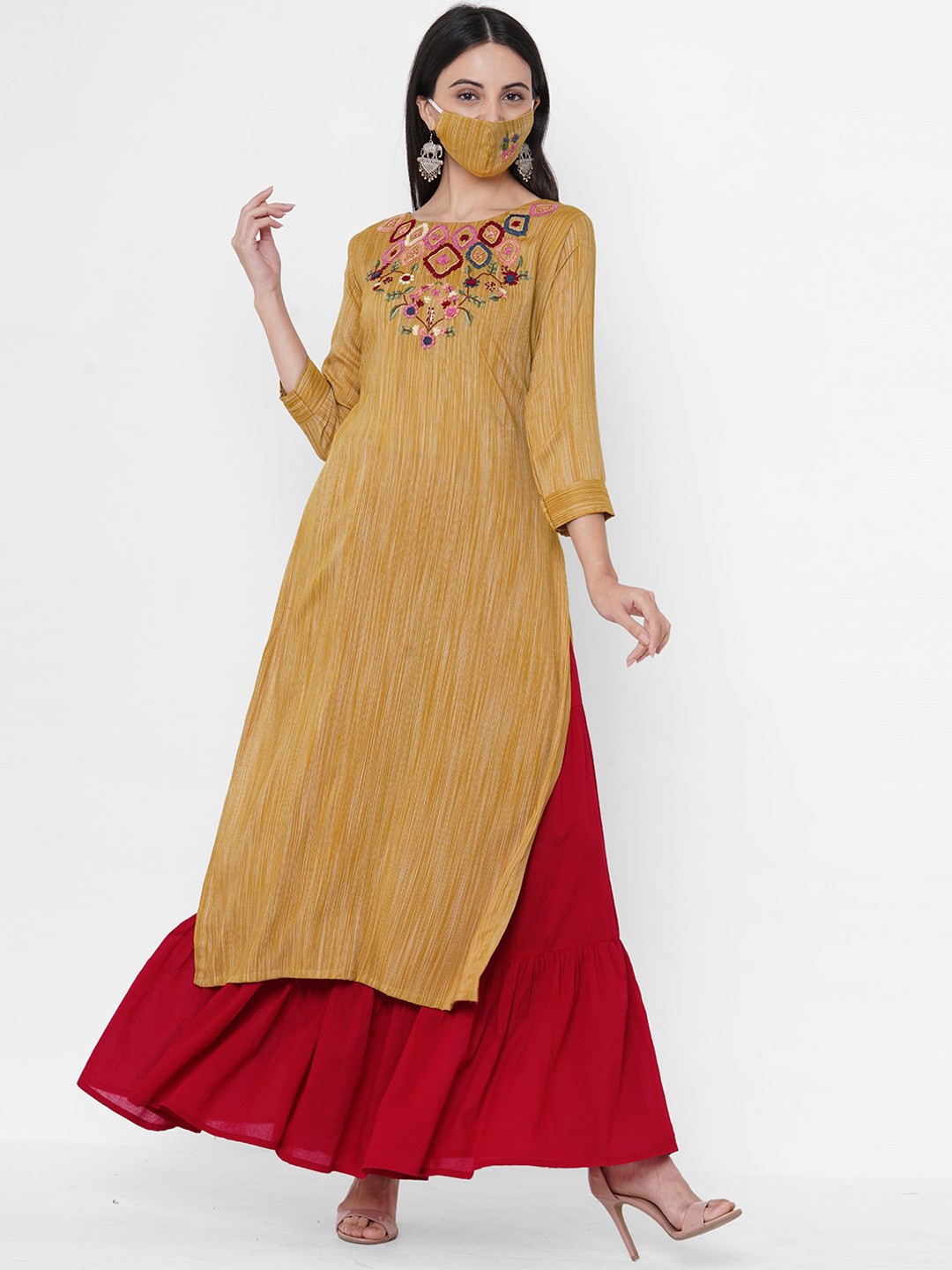 Buy Fashor Women Mustard Yellow Floral Embroidered Kurta Kurtas For