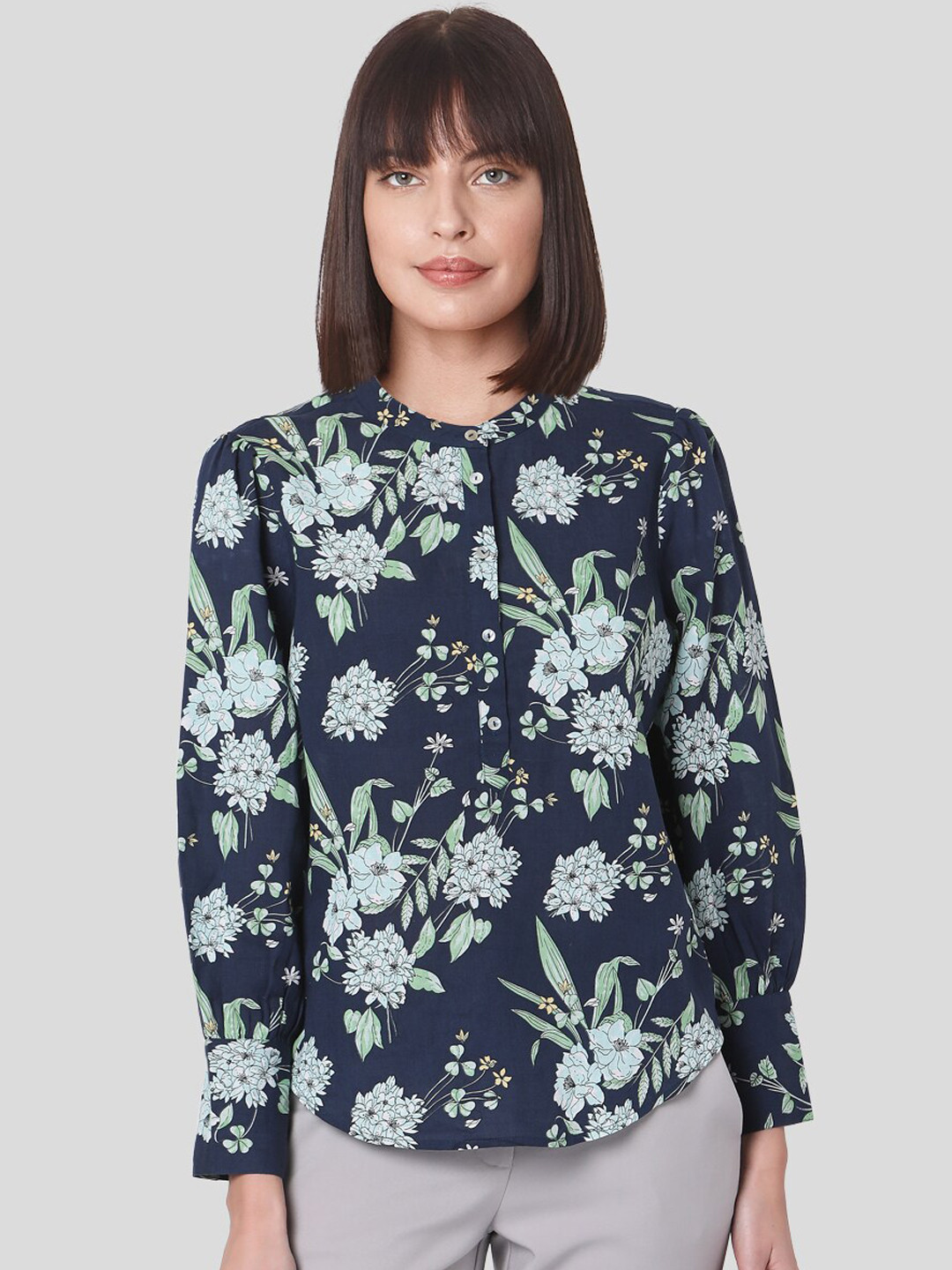 Buy Vero Moda Blue Floral Printed Tie Up Neck Pure Cotton Regular Top ...