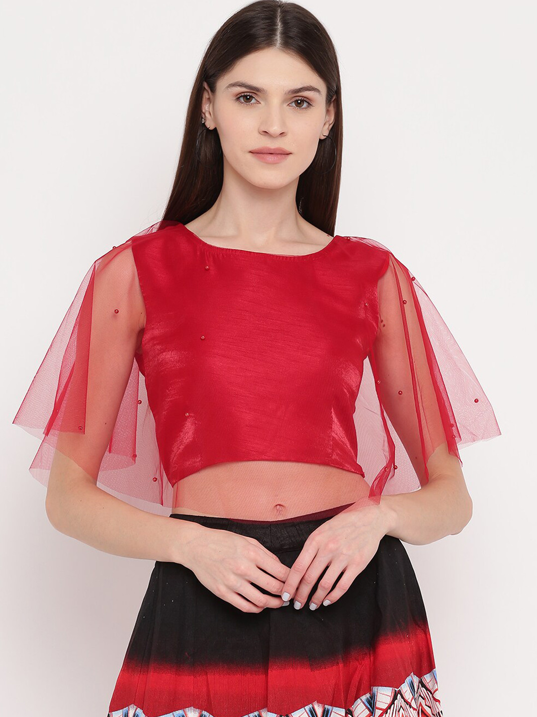 Buy Akimia Red Embellished Flared Sleeves Net Fitted Crop Top - Tops ...