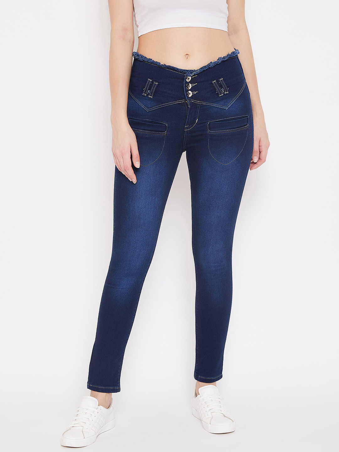 Buy Purple Feather Women Navy Blue Skinny Fit High Rise Clean Look ...