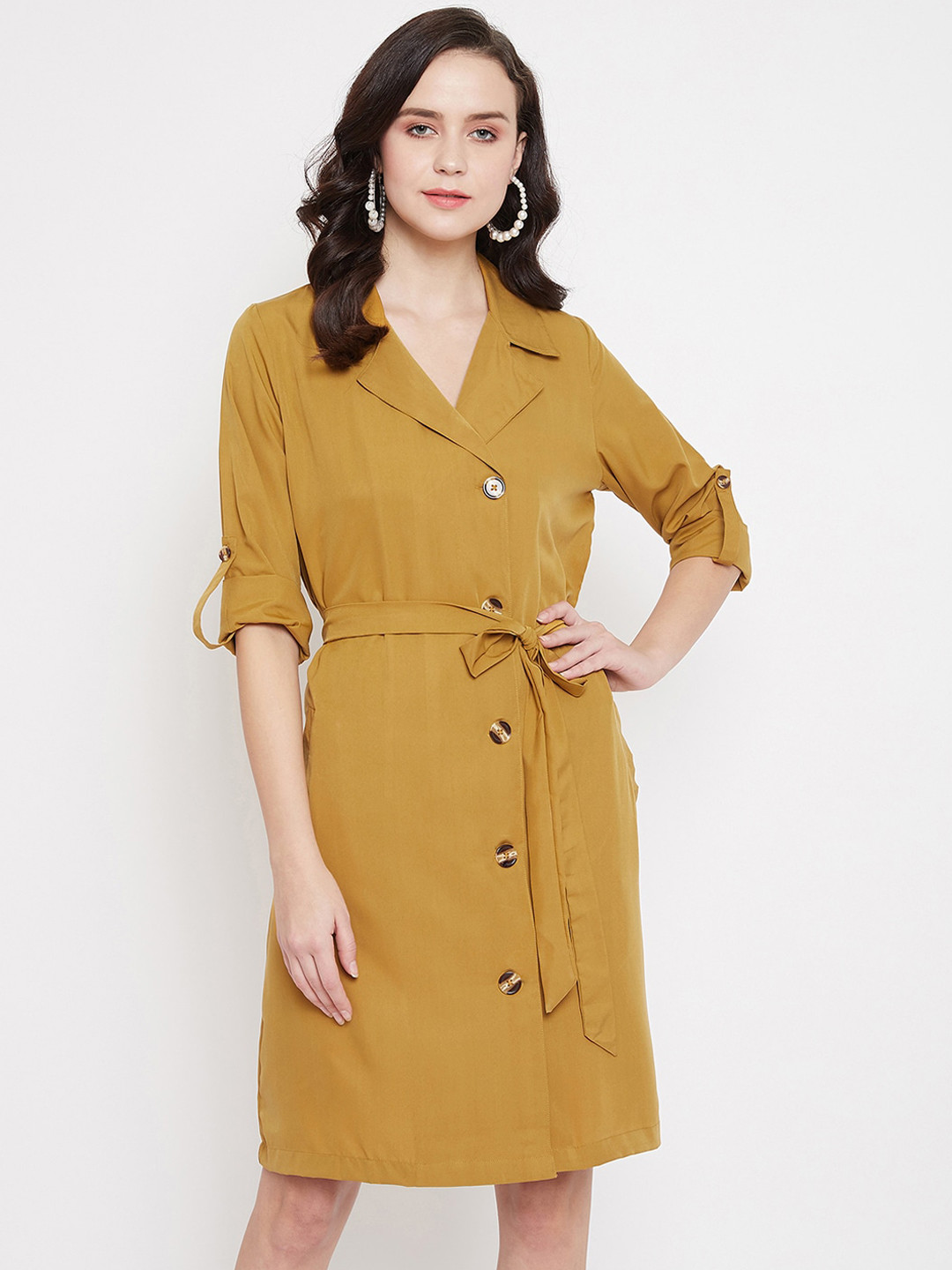 Buy Color Cocktail Women Mustard Yellow Solid Shirt Dress - Dresses for ...