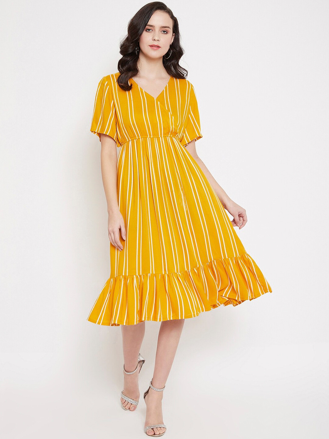 Buy Color Cocktail Women Mustard Striped A Line Dress - Dresses for ...