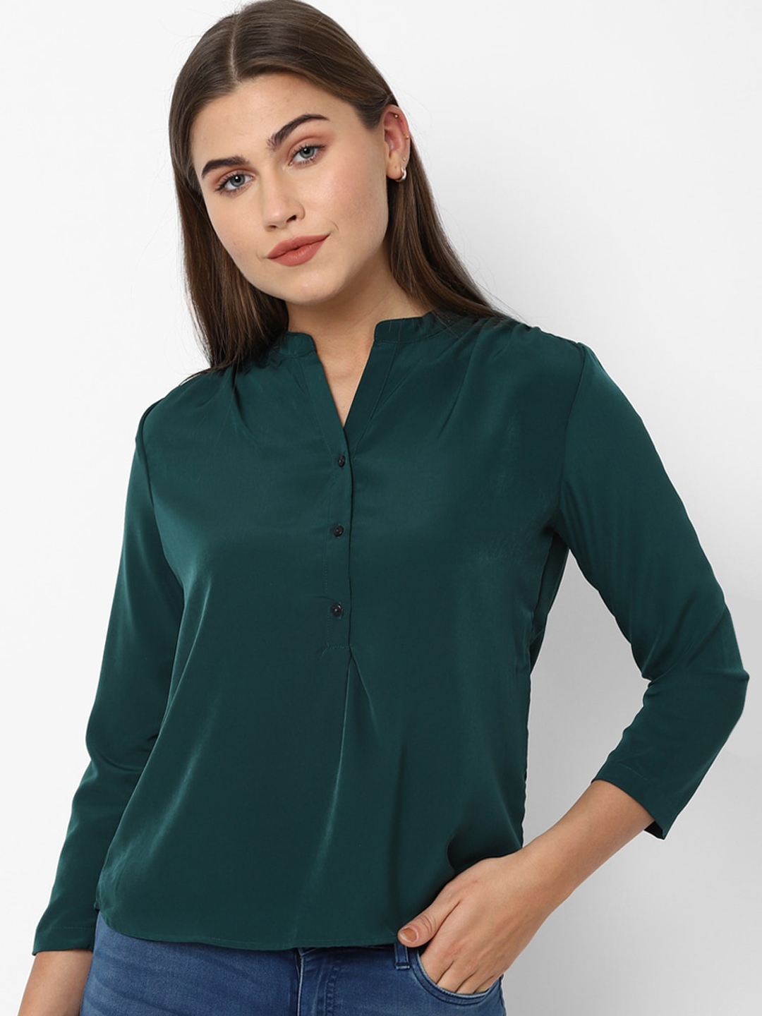 Buy Allen Solly Woman Green Mandarin Collar Shirt Style Top Tops For