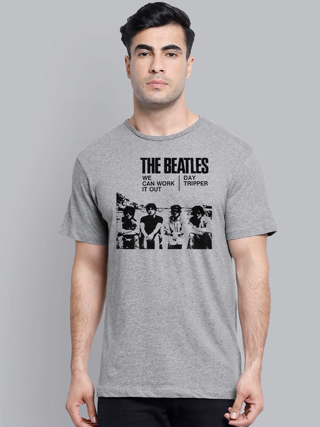 Buy Free Authority Men Grey & Black The Beatles Printed Round Neck T ...
