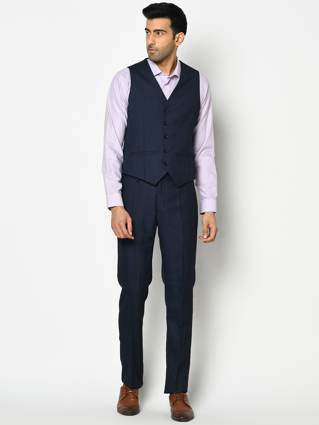 Buy Blackberrys Men Navy Blue Checked Slim Fit Single Breasted Formal 3 ...