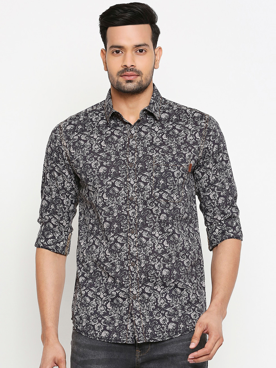 Buy Mufti Men Grey Slim Fit Printed Casual Shirt - Shirts for Men ...