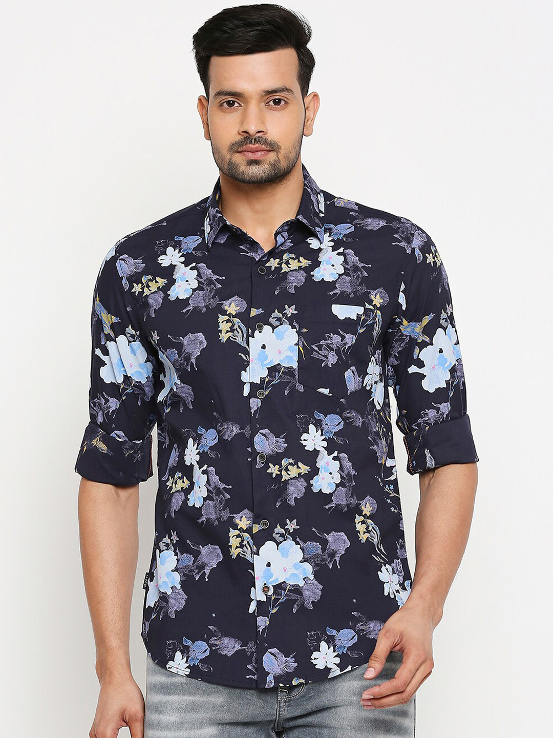 Buy Mufti Men Navy Blue Slim Fit Printed Casual Shirt - Shirts for Men ...