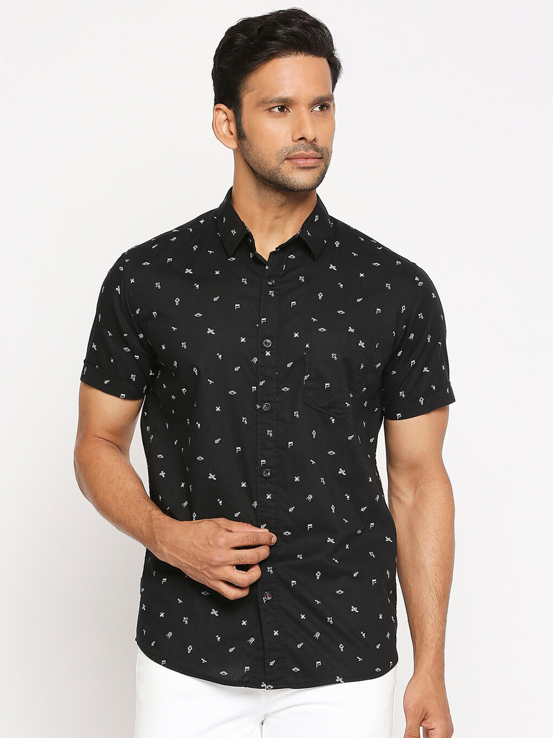 Buy Mufti Men Black Slim Fit Printed Casual Shirt - Shirts for Men ...