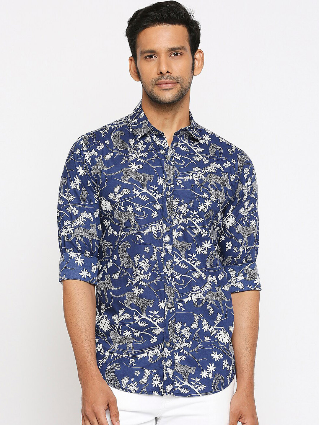 Buy Mufti Men Blue Slim Fit Printed Casual Shirt - Shirts for Men ...