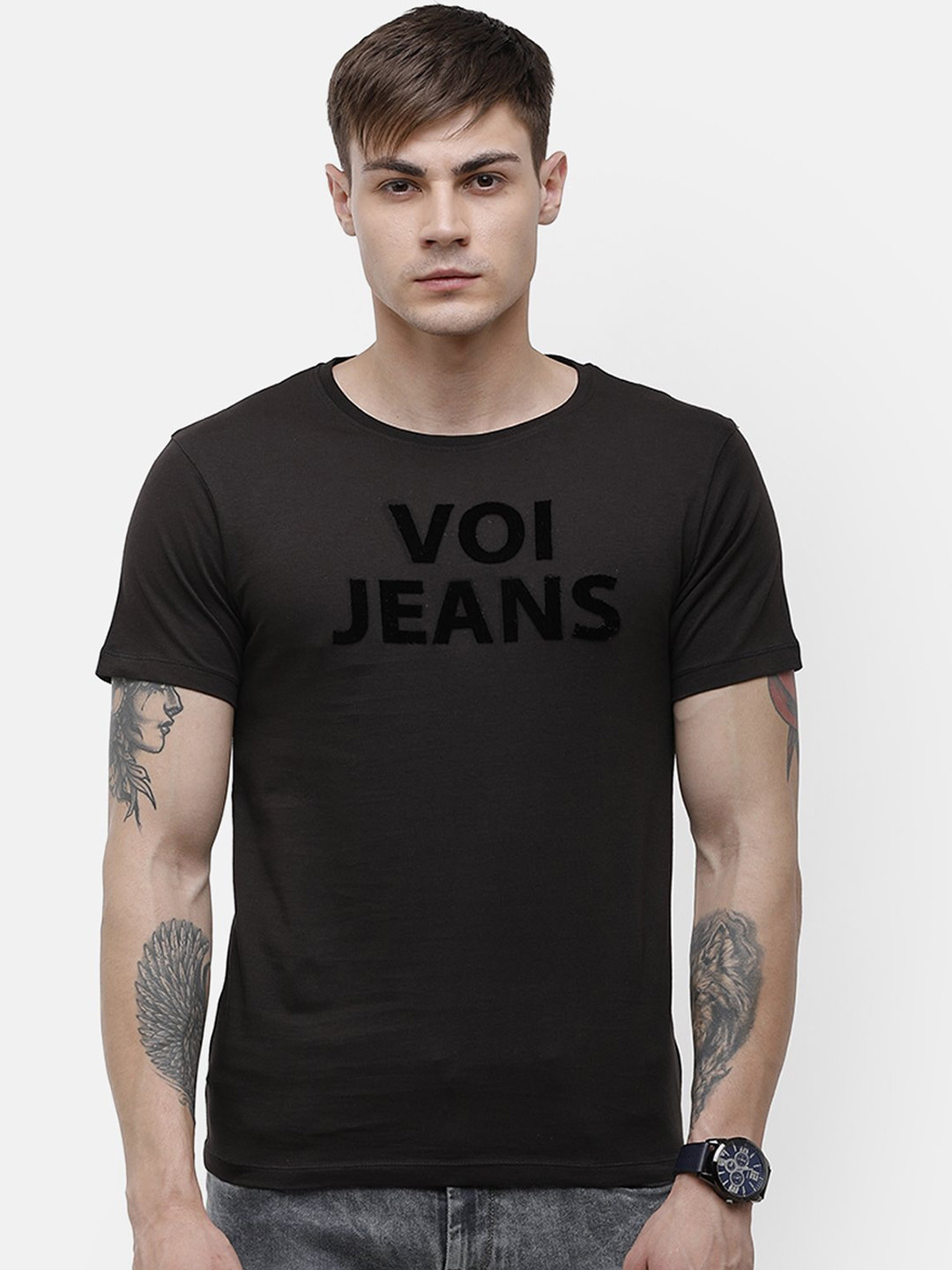 Buy Voi Jeans Men Black Printed Round Neck Cotton Pure Cotton T Shirt ...
