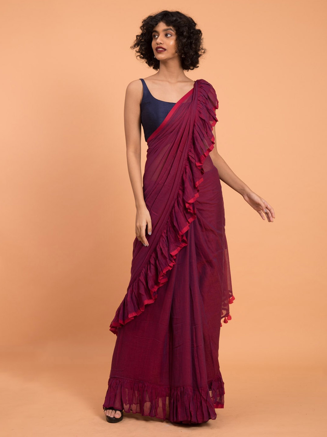 Buy Suta Burgundy Solid Pure Cotton Ruffle Saree - Sarees for Women ... Buy Suta Burgundy Solid Pure Cotton Ruffle Saree - Sarees for Women ...