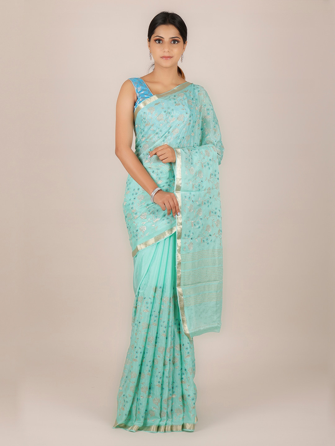 Buy Pothys Blue Embroidered Pure Georgette Saree - Sarees for Women ...