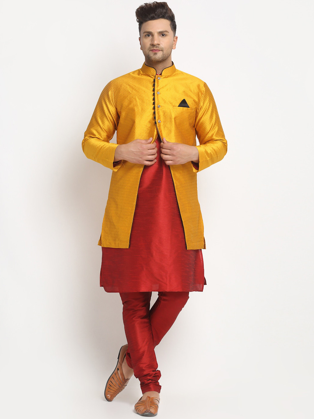 Buy Benstoke Men Maroon & Mustard Yellow Woven Design Sherwani Set ...