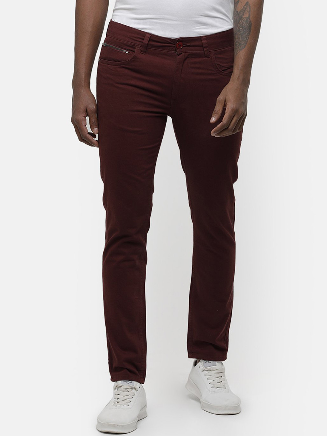 Buy Voi Jeans Men Maroon Regular Fit Solid Regular Trousers - Trousers ...