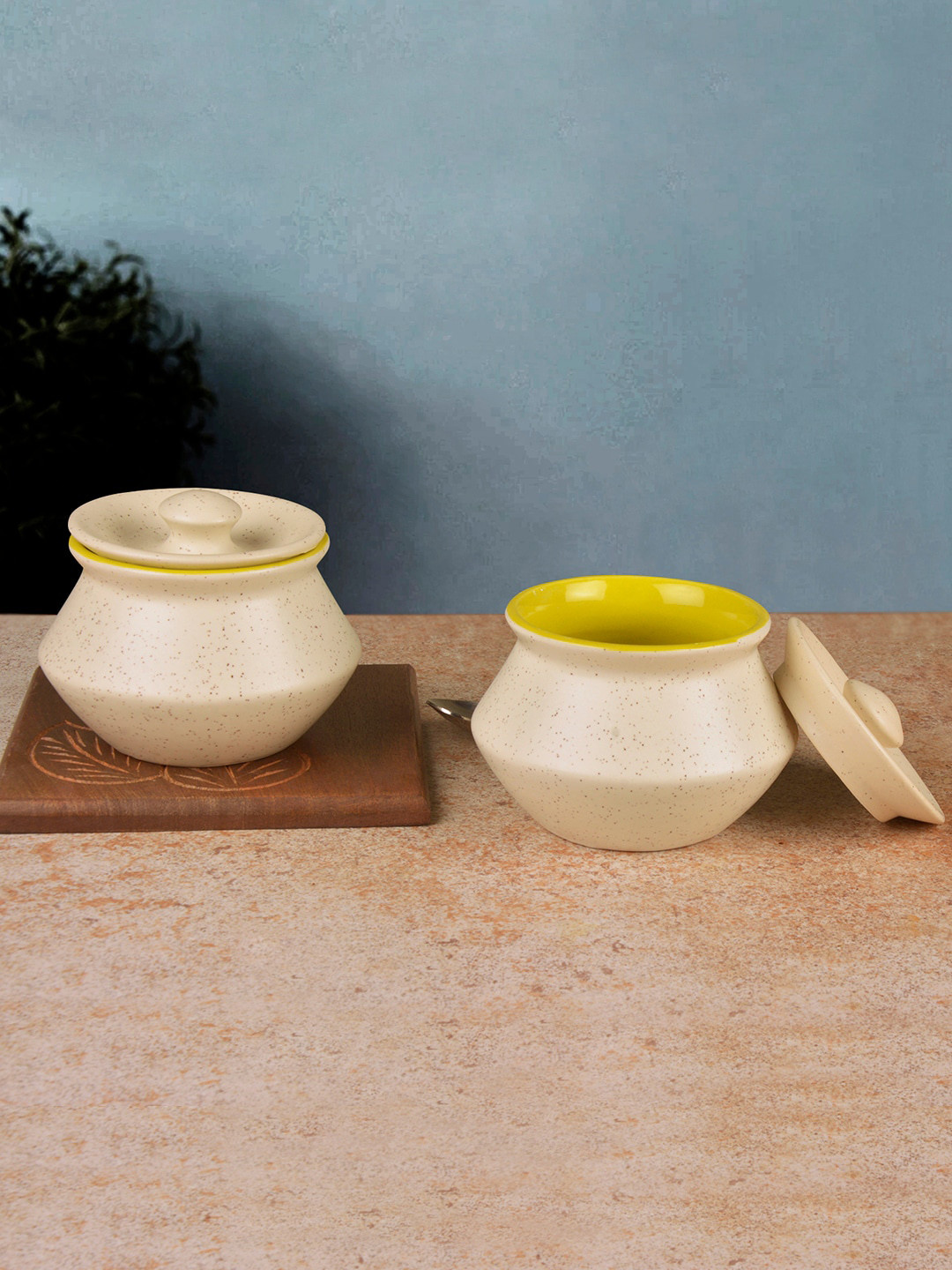 Buy StyleMyWay Set Of 2 Off White & Yellow Matte Ceramic Handi With Lid ...