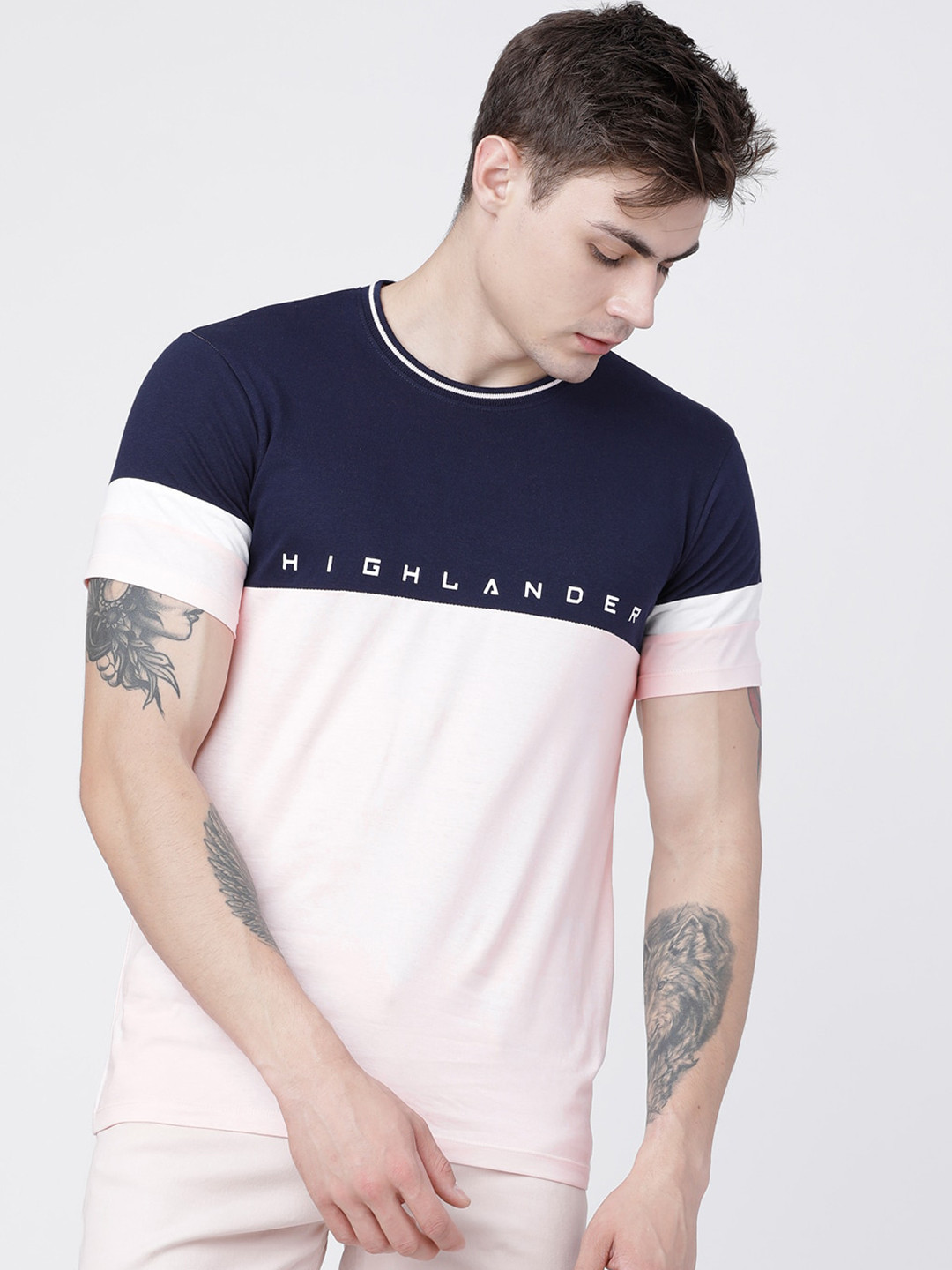 Buy HIGHLANDER Men Pink Colourblocked Round Neck T Shirt - Tshirts for ...