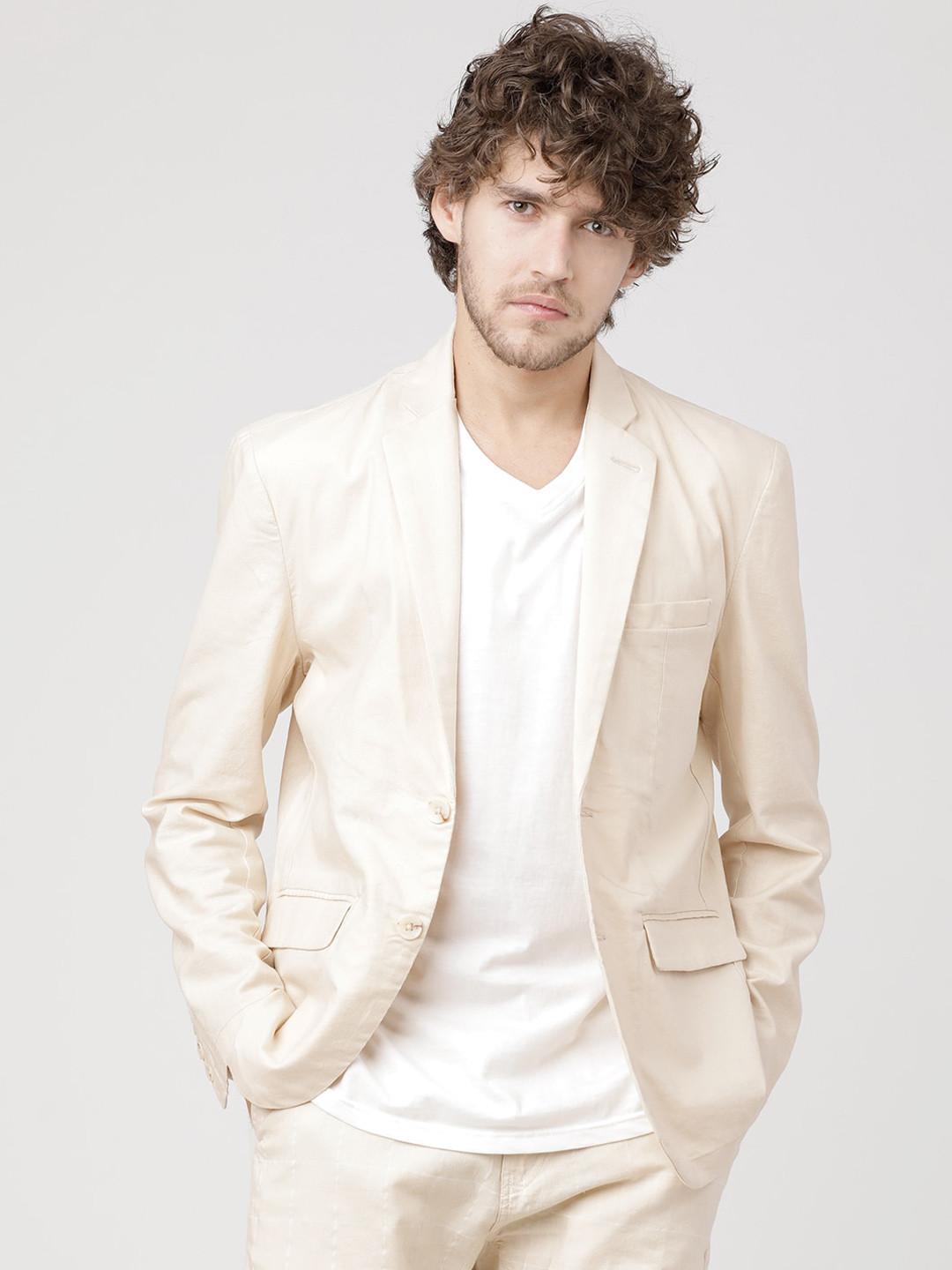 Buy HIGHLANDER Men Cream Coloured Solid Single Breasted Cotton Linen ...