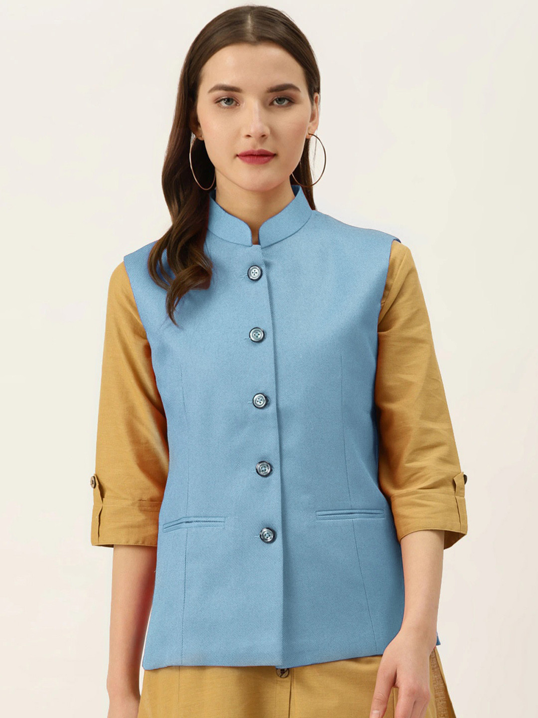 Buy Vastraa Fusion Women Blue Woven Design Nehru Jacket - Nehru Jackets ...