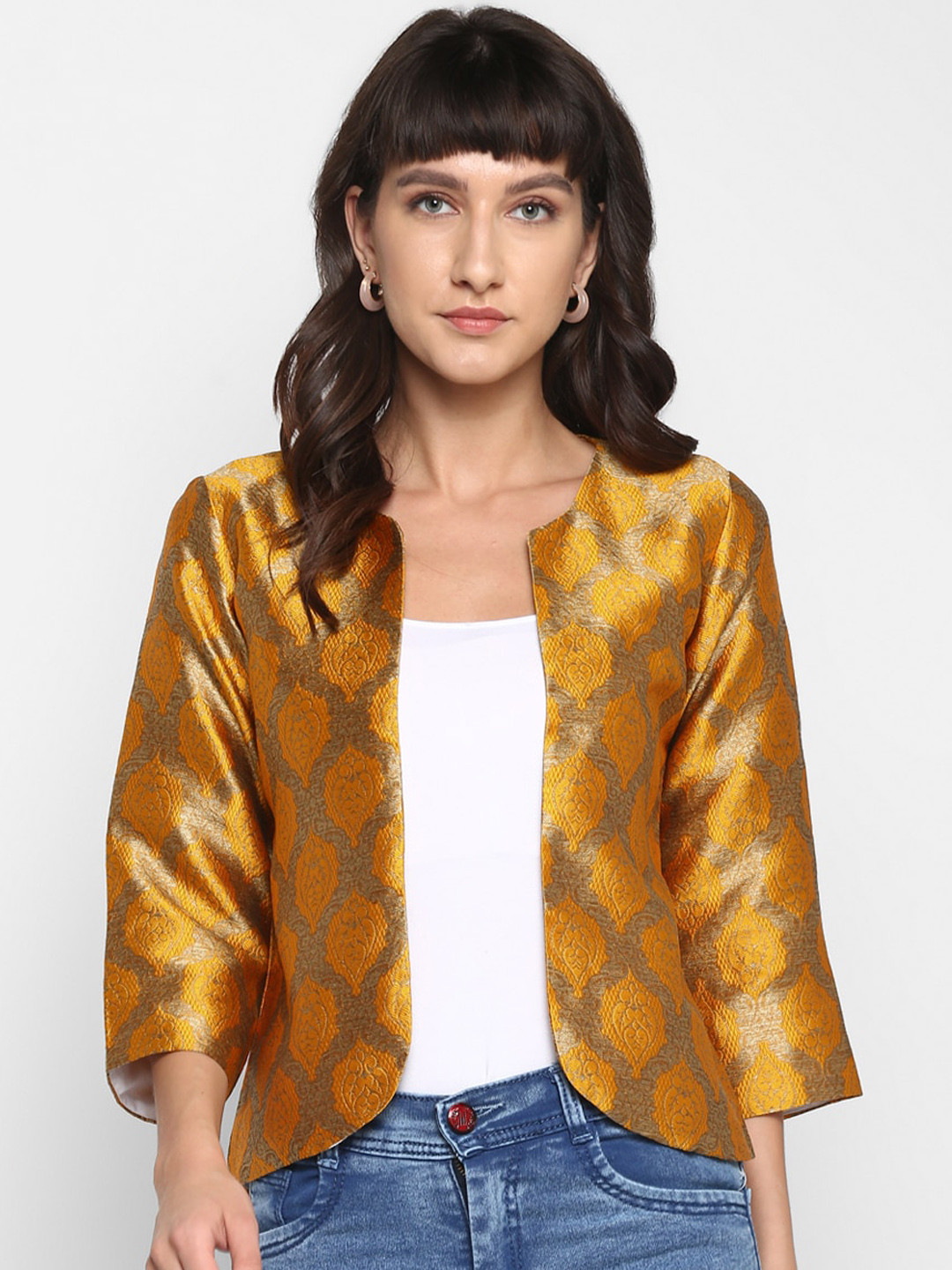 Buy Hangup Women Mustard Yellow Printed Lightweight Open Front Jacket ...