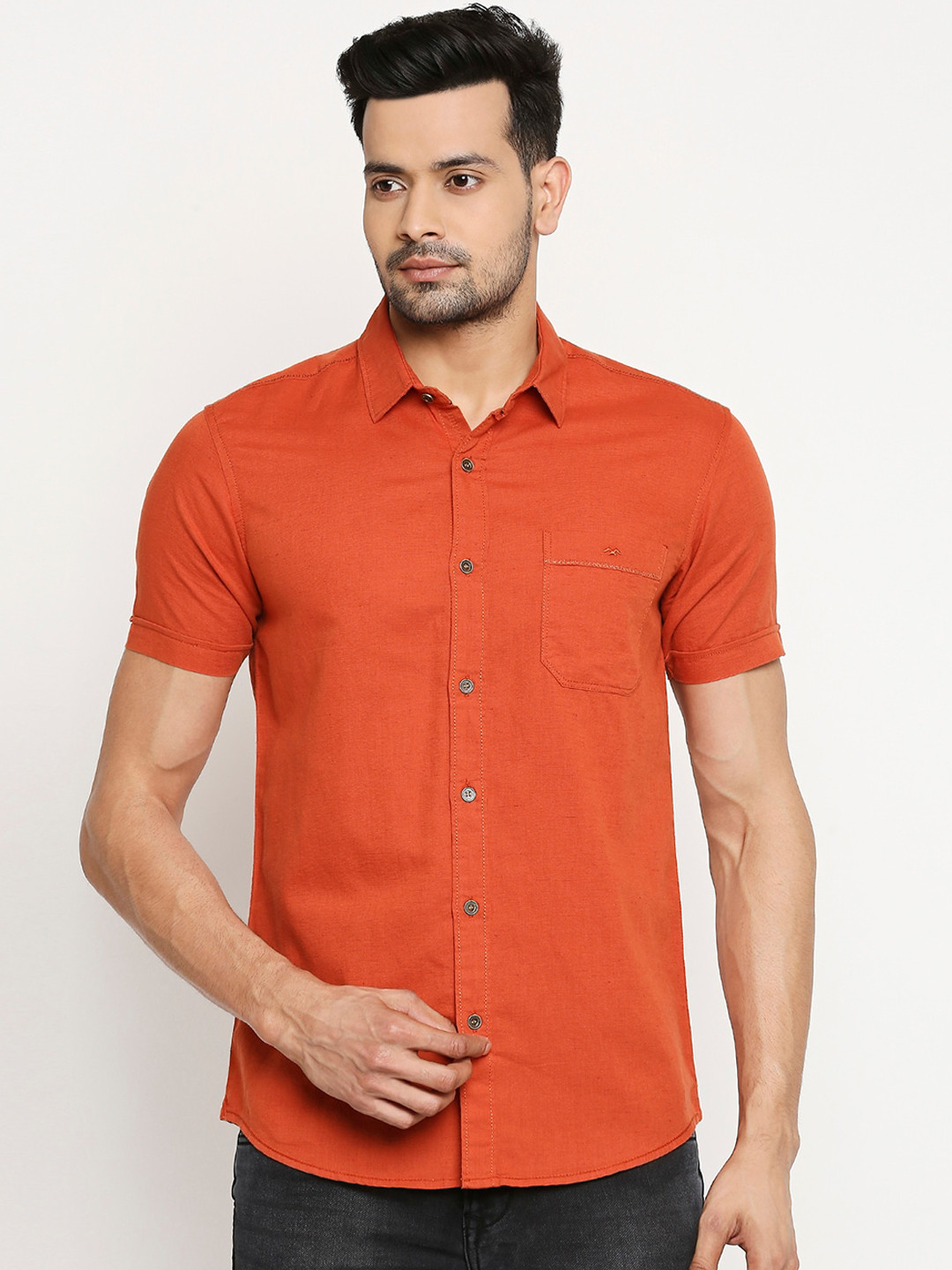 Buy Mufti Men Orange Slim Fit Solid Cotton Linen Casual Shirt - Shirts ...