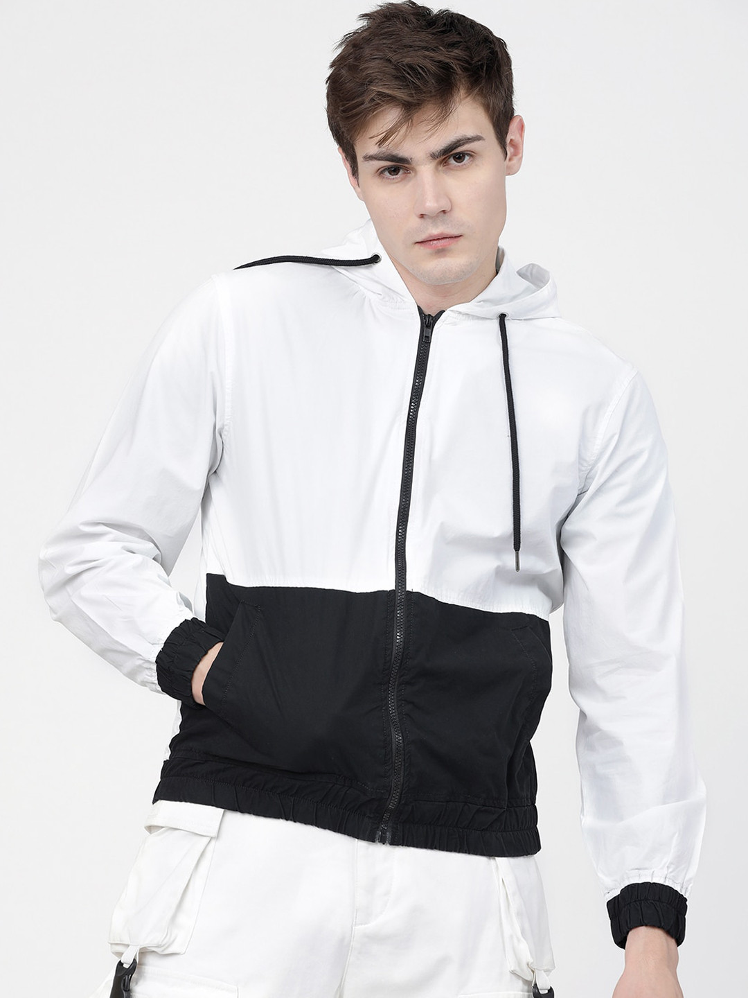 Buy HIGHLANDER Men White & Black Colourblocked Hooded Sporty Jacket ...