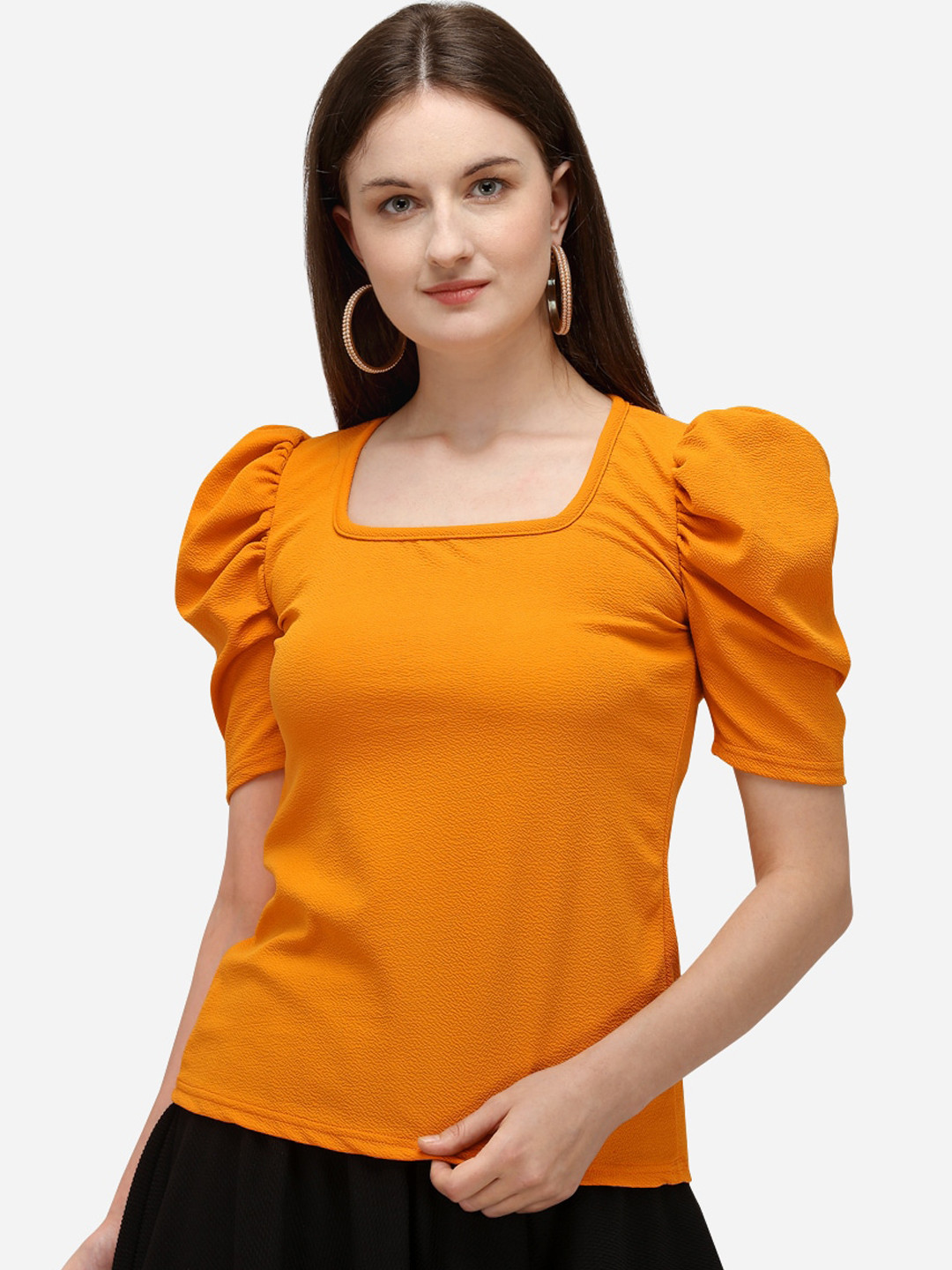 Buy Clothzy Orange Solid Puff Sleeves Regular Top - Tops for Women ...