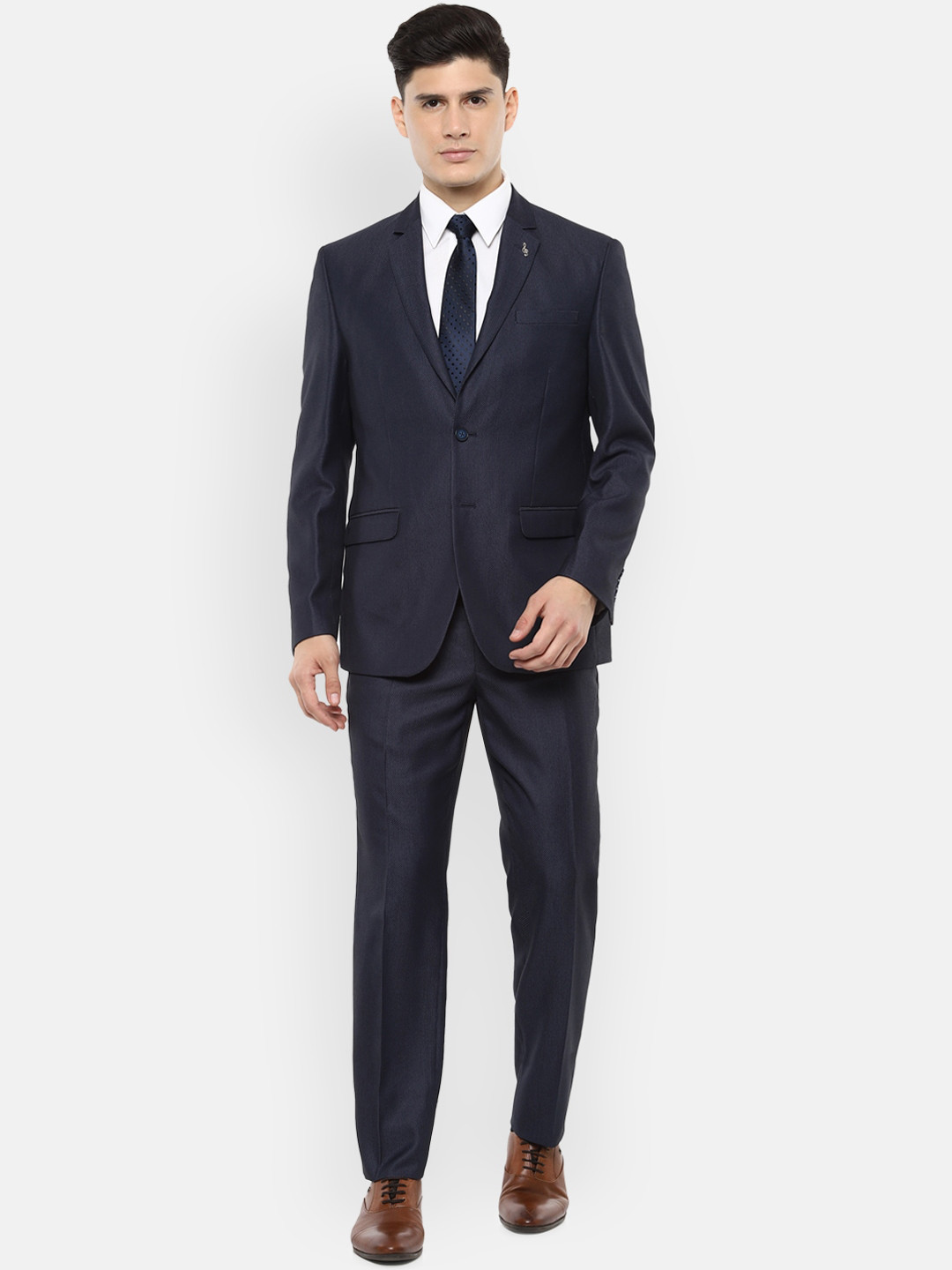 Buy Van Heusen Men Navy Blue Self Design Slim Fit Single Breasted Two ...