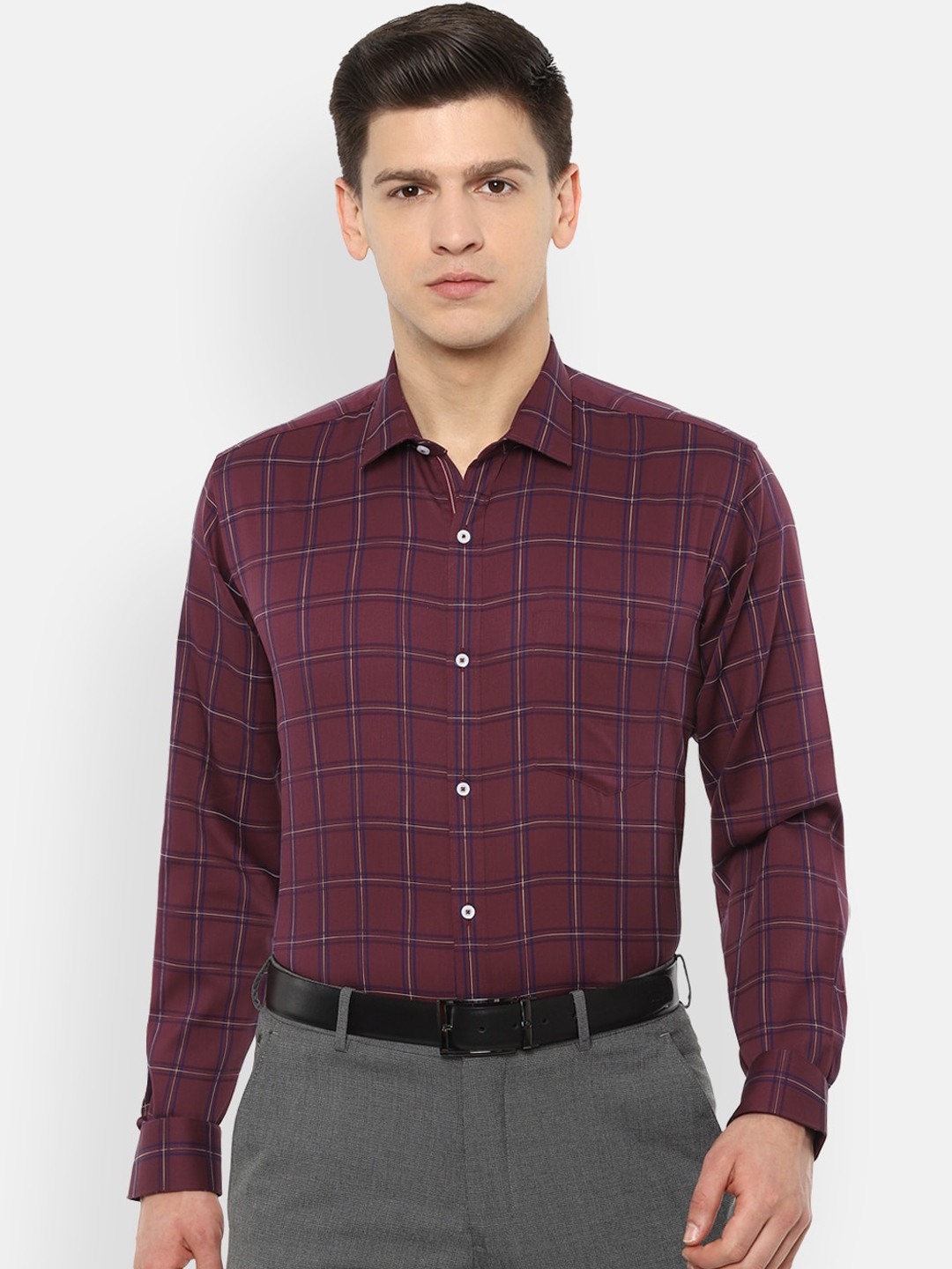 Buy Van Heusen Men Maroon And White Pure Cotton Slim Fit Checked Formal