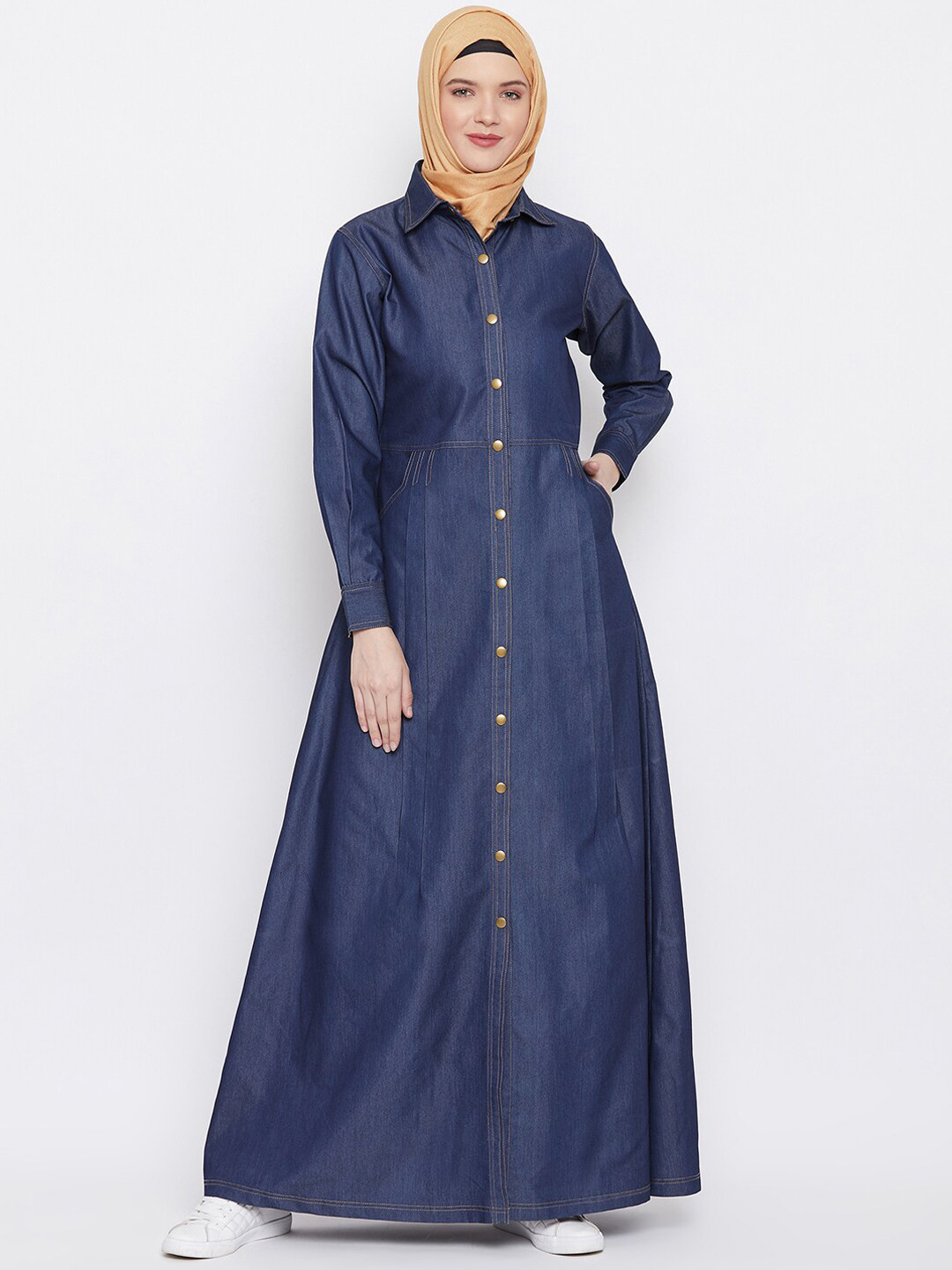Buy MOMIN LIBAS Women Navy Blue Solid Denim Front Open Abaya Burqa ...