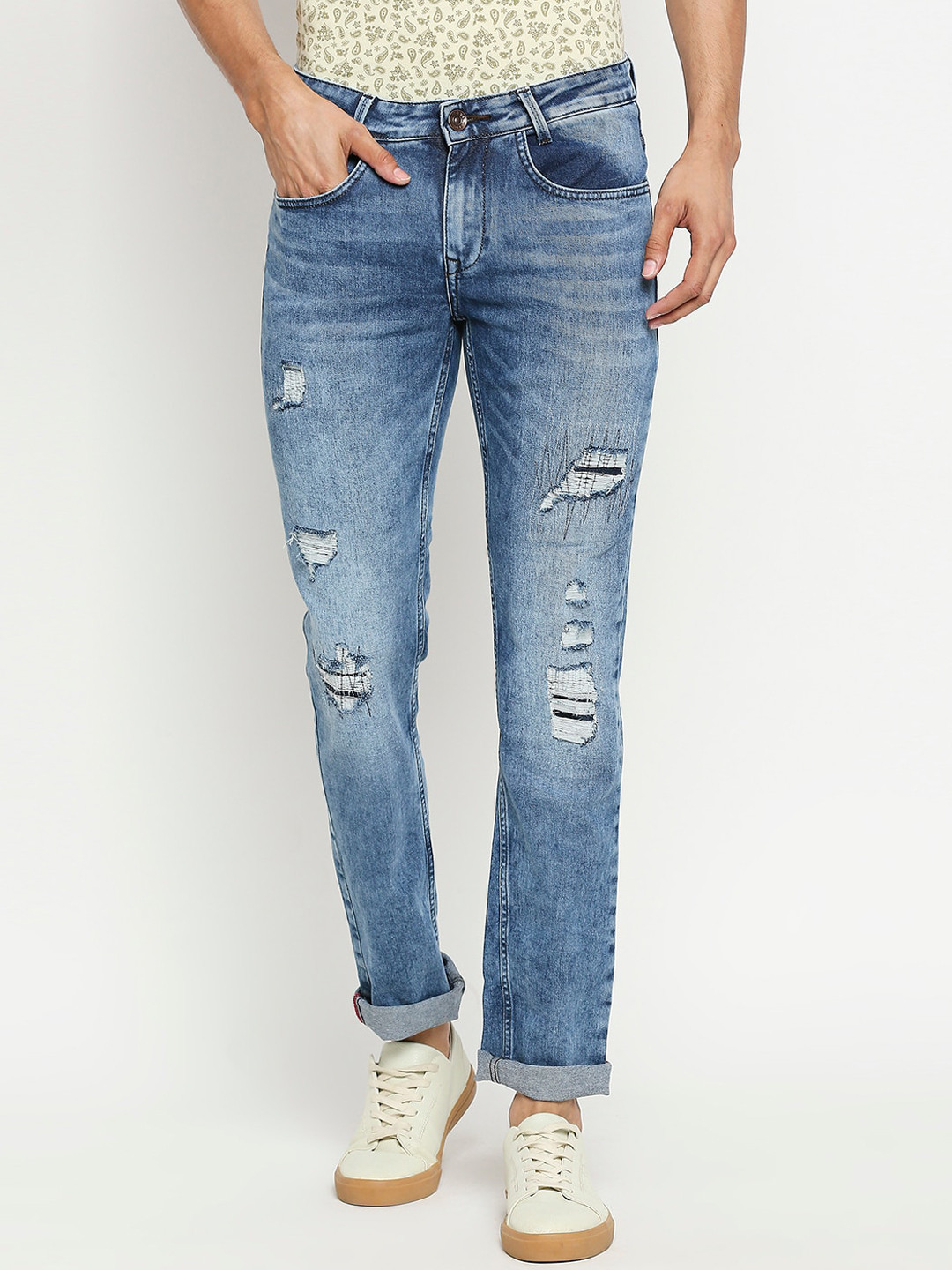 Buy Mufti Men Blue Mid Rise Ripped Non Stretchable Slim Fit Jeans ...