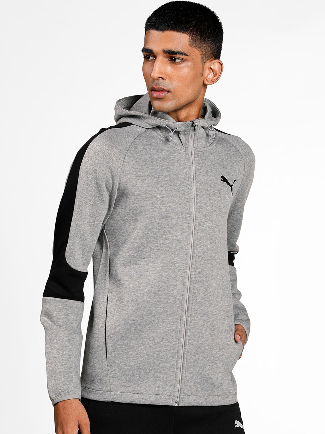 Buy Puma Men Grey Melange Solid Evostripe Full Zip Slim Fit Hooded ...