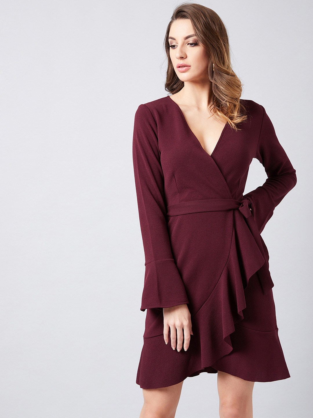 Buy Athena Burgundy V Neck Wrap Dress - Dresses for Women 11024460 | Myntra
