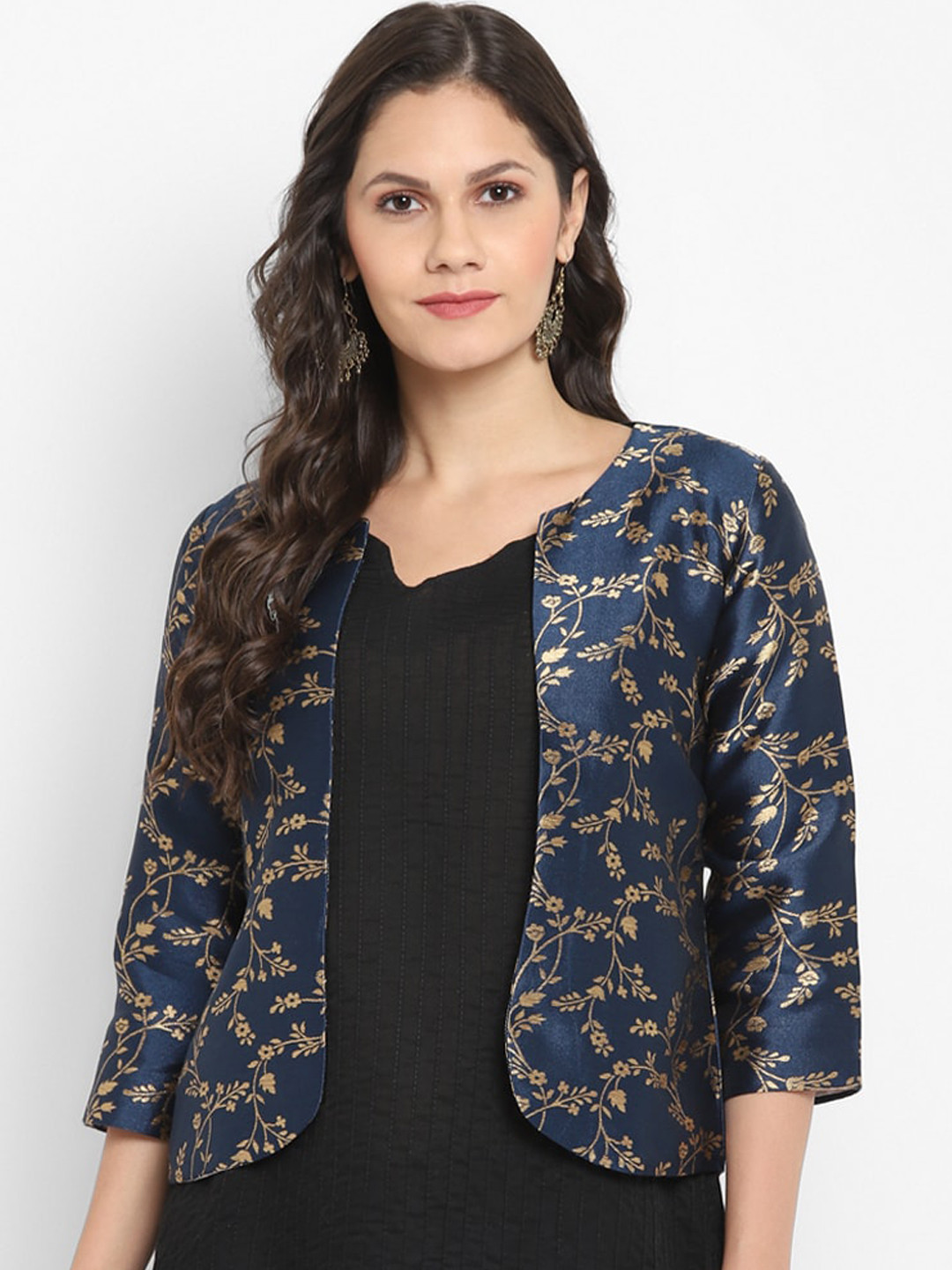 Buy Hangup Women Navy Blue Self Design Lightweight Jacquard Open Front ...