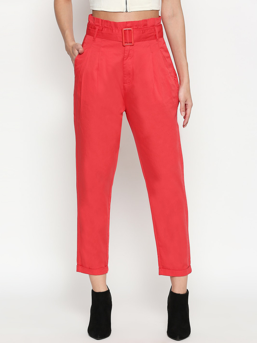 Buy People Women Red Regular Fit Solid Pure Cotton Regular Trousers ...