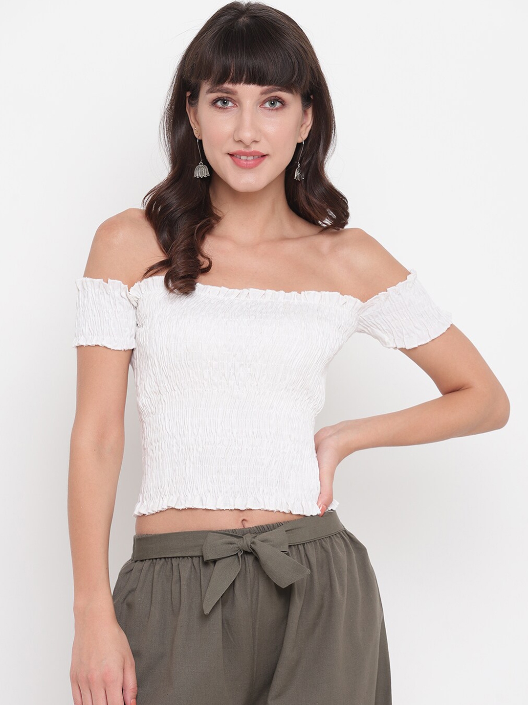 Buy Aawari White Off Shoulder Smocked Bardot Crop Top Tops For Women