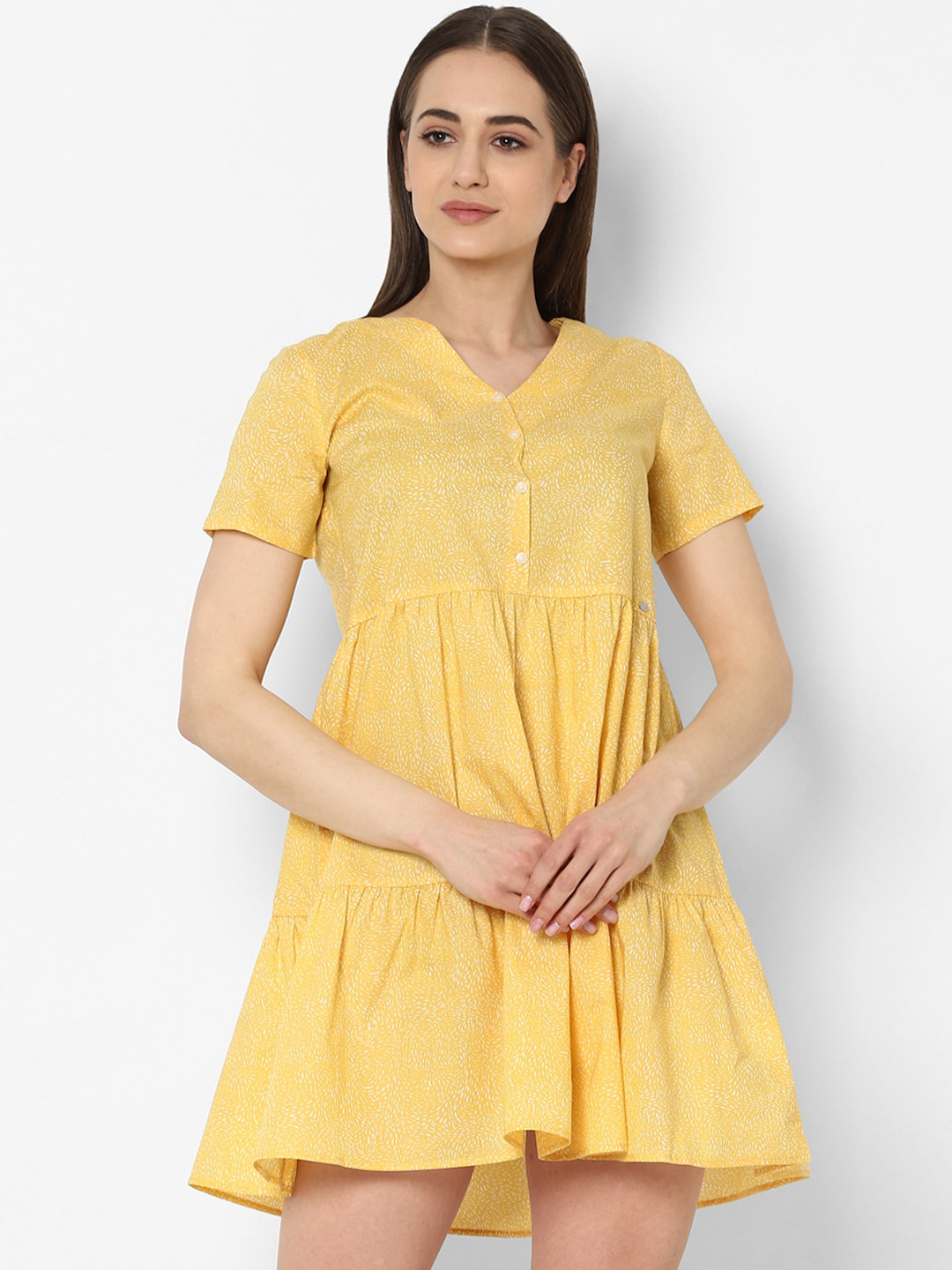 Buy Allen Solly Woman Women Yellow Solid Fit And Flare Dress - Dresses ...