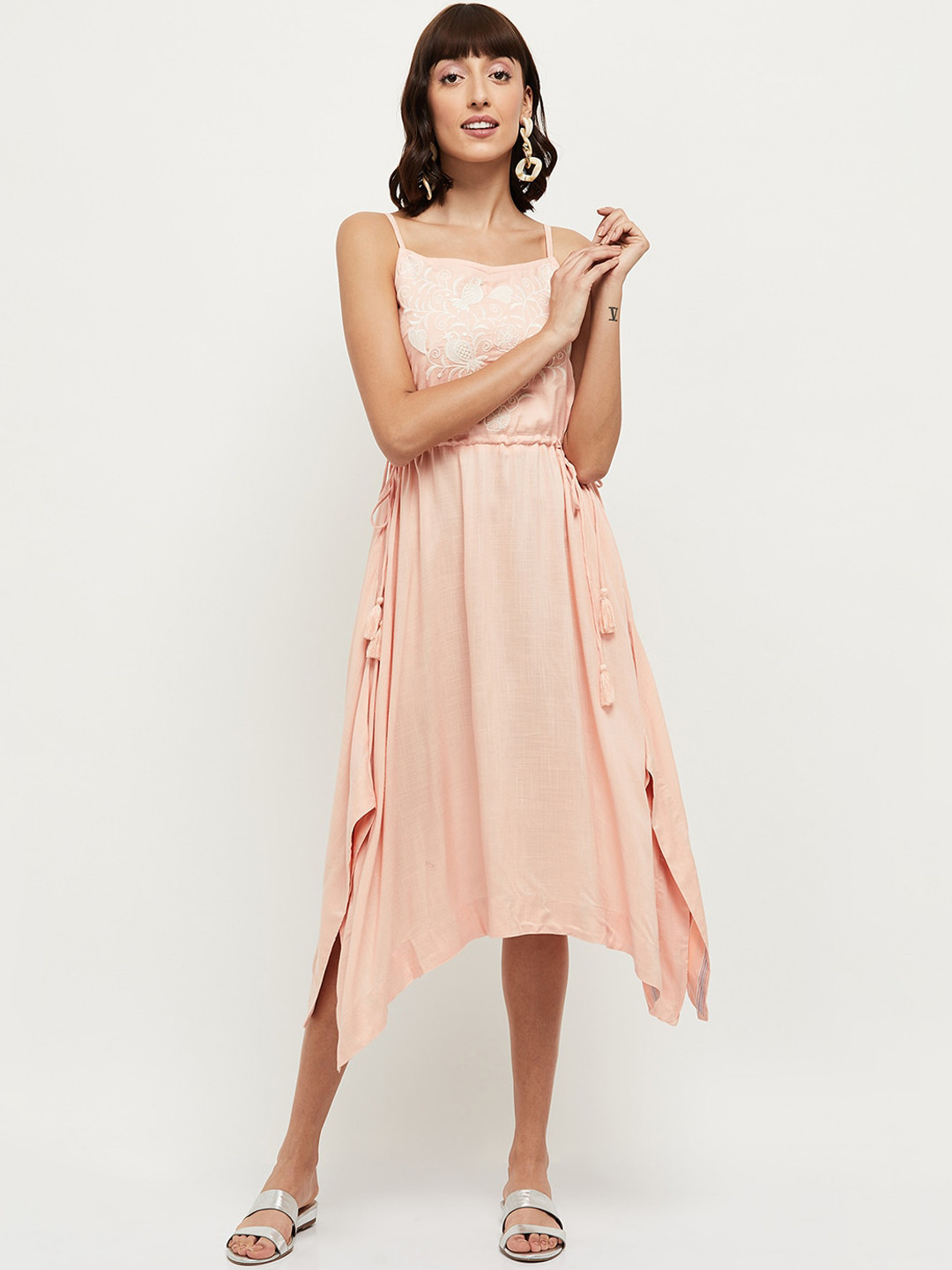 Buy Max Women Peach Coloured Solid Fit And Flare Dress - Ethnic Dresses ...