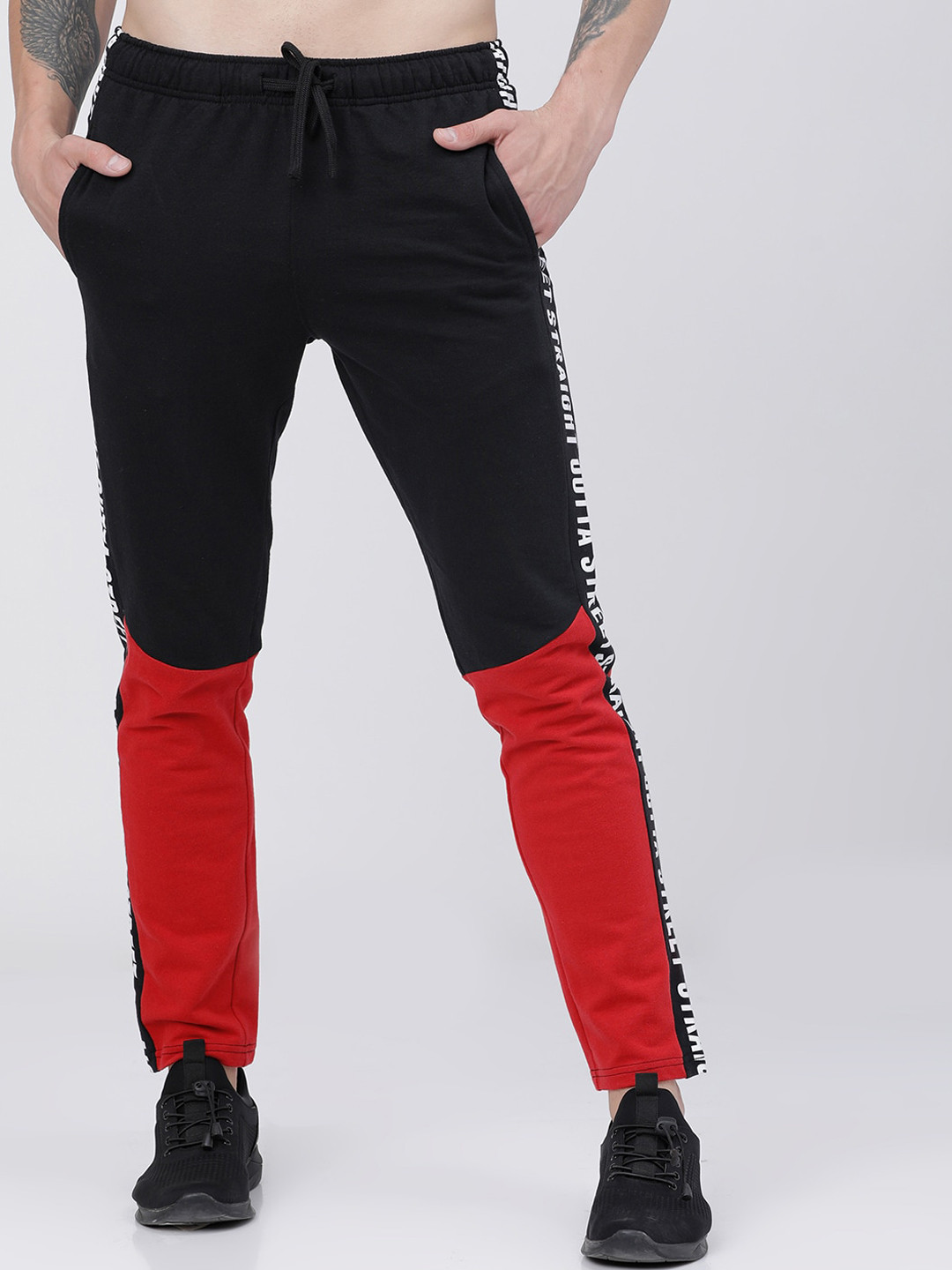 Buy LOCOMOTIVE Men Black & Red Colorblocked Slim Fit Track Pants ...